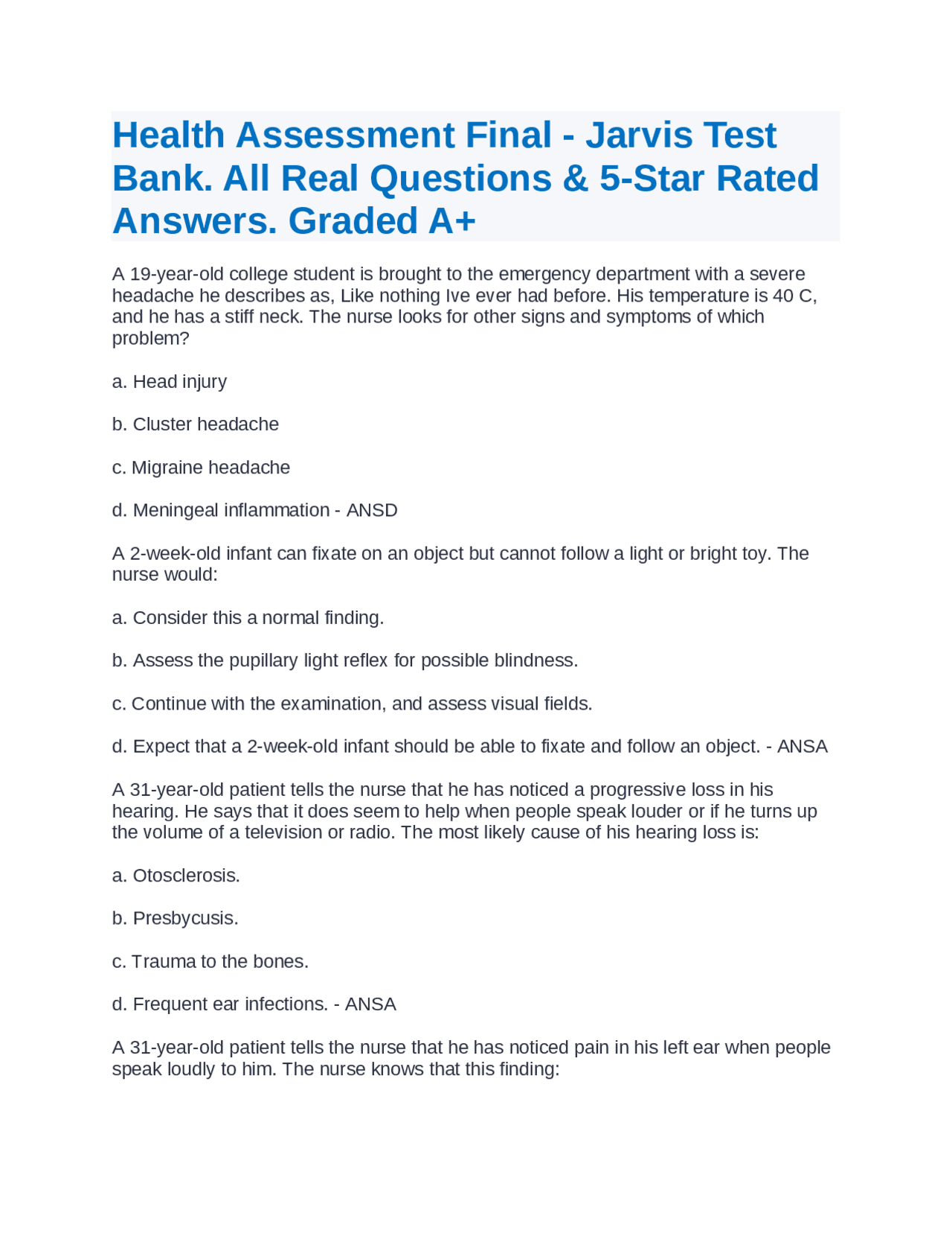 Health Assessment Final - Jarvis Test Bank. All Real Questions & 5-Star ...