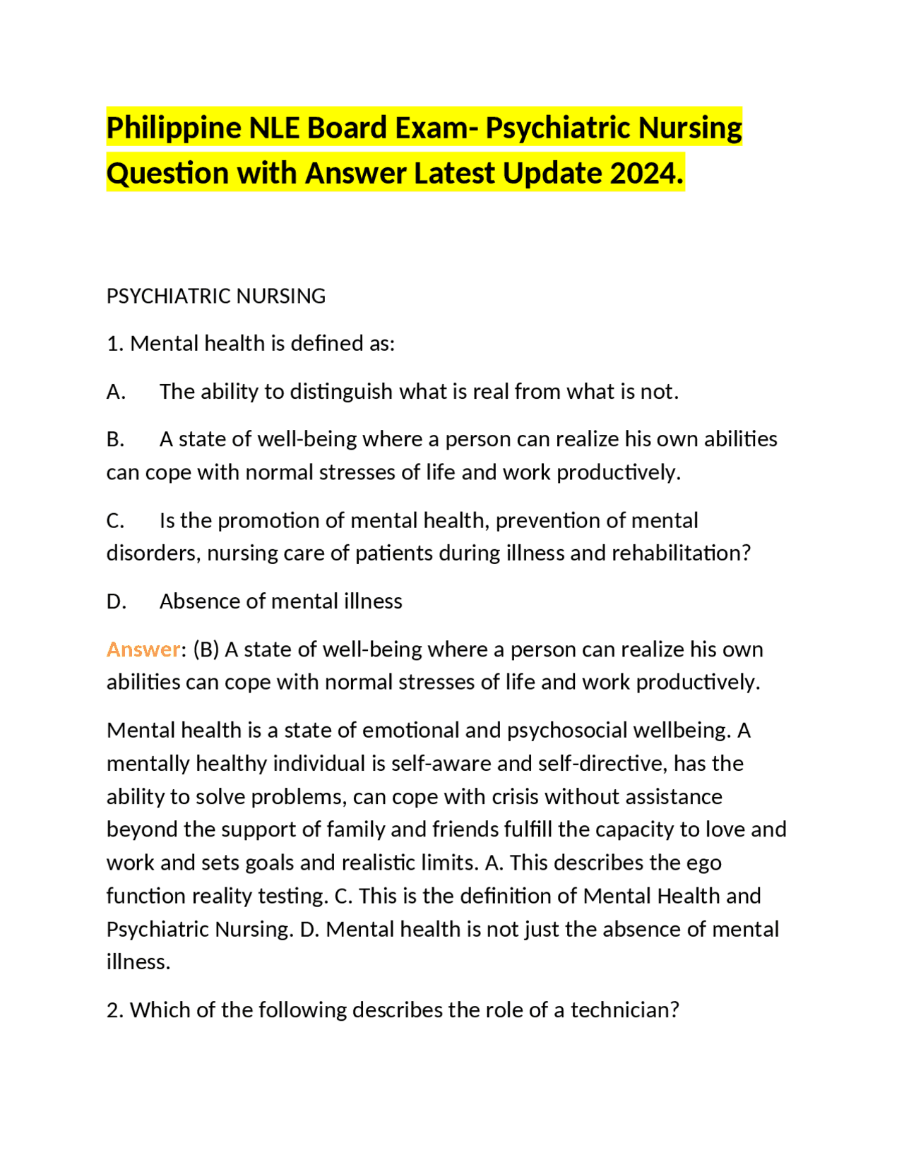 Philippine NLE Board Exam- Psychiatric Nursing Question with Answer ...