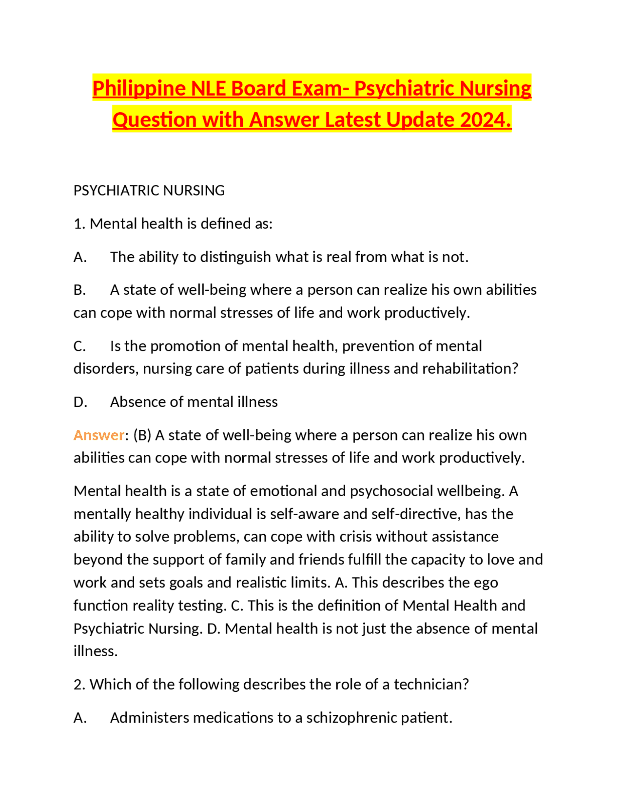 Philippine NLE Board Exam- Psychiatric Nursing Question with Answer ...