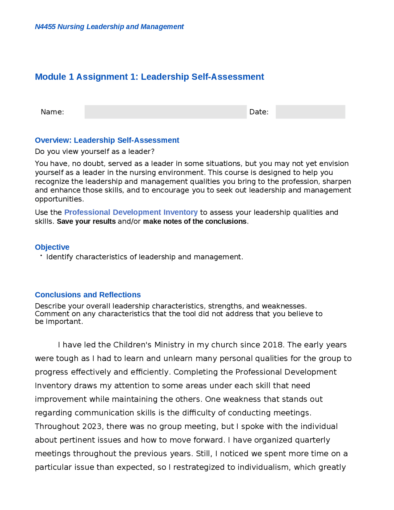 NURS 4445 Module 1 Assignment 1: Leadership Self-Assessment (University of Texas Arlington ...