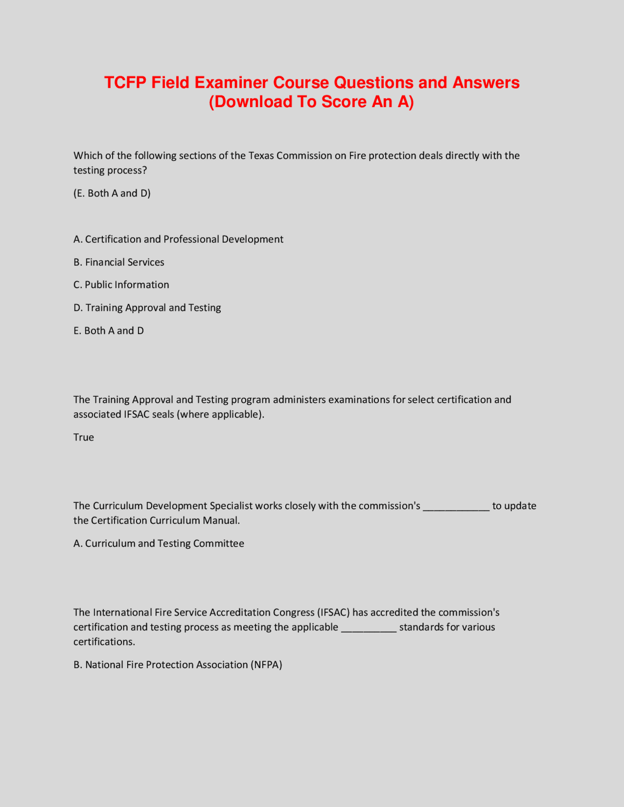 TCFP Field Examiner Course Questions and Answers (Download To Score An ...