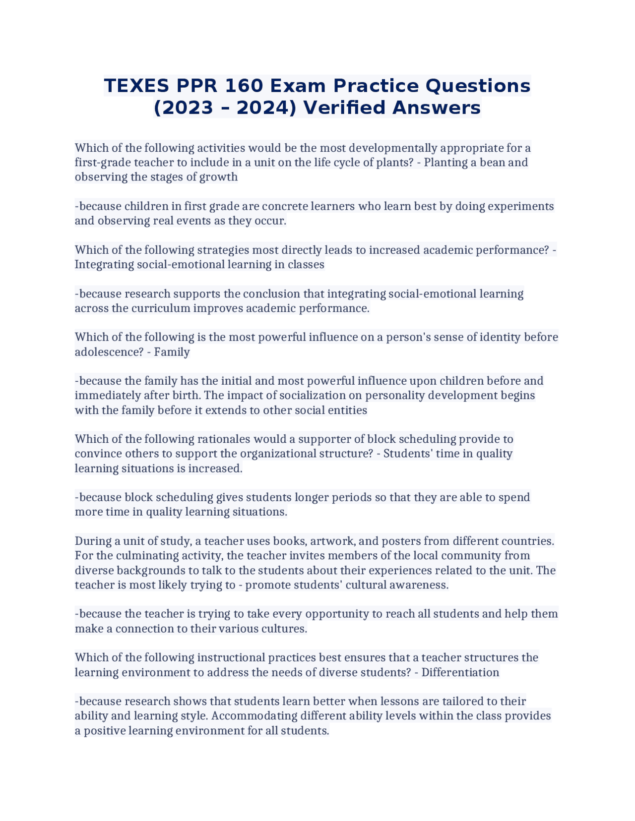 TEXES PPR 160 Exam Practice Questions (2023 – 2024) Verified Answers ...