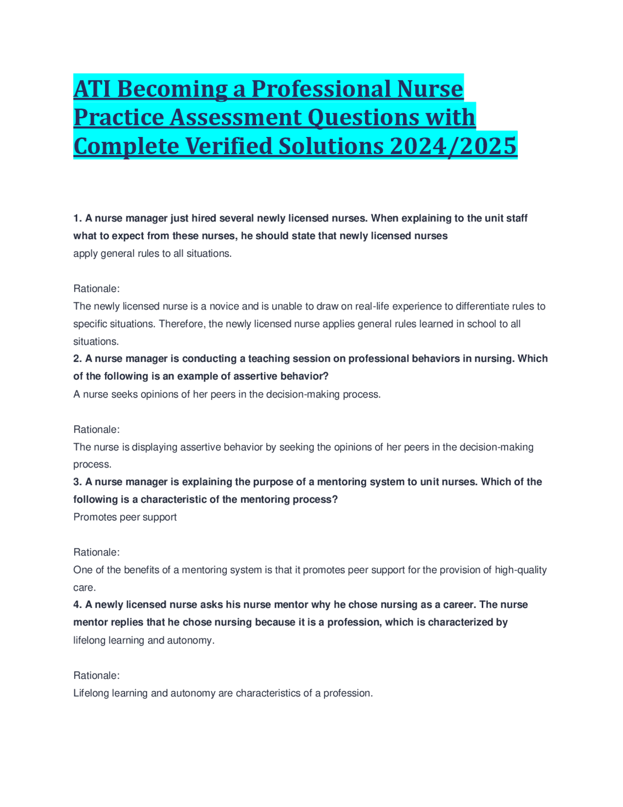 ATI Becoming a Professional Nurse Practice Assessment Questions with ...