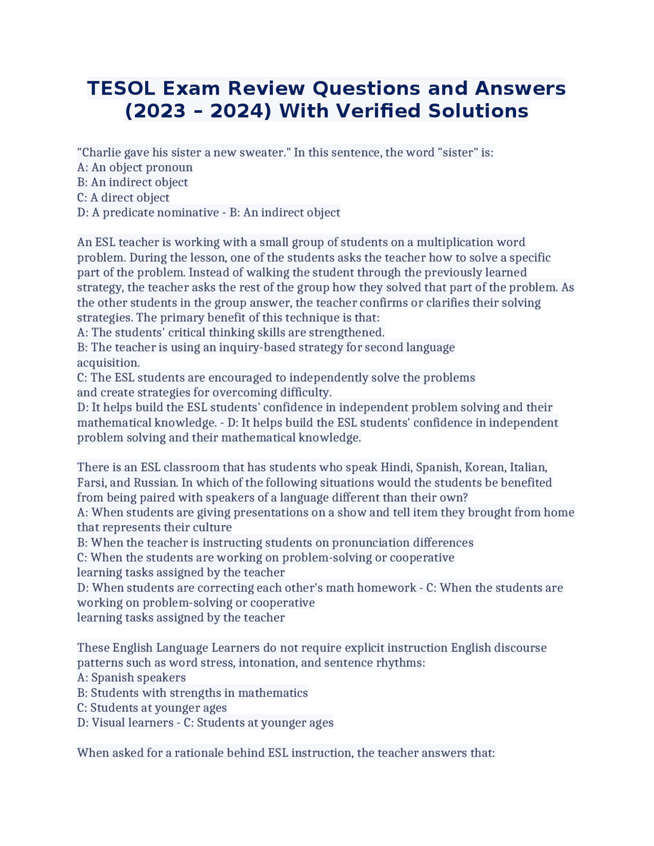 TESOL Exam Review Questions and Answers (2023 – 2024) With Verified ...