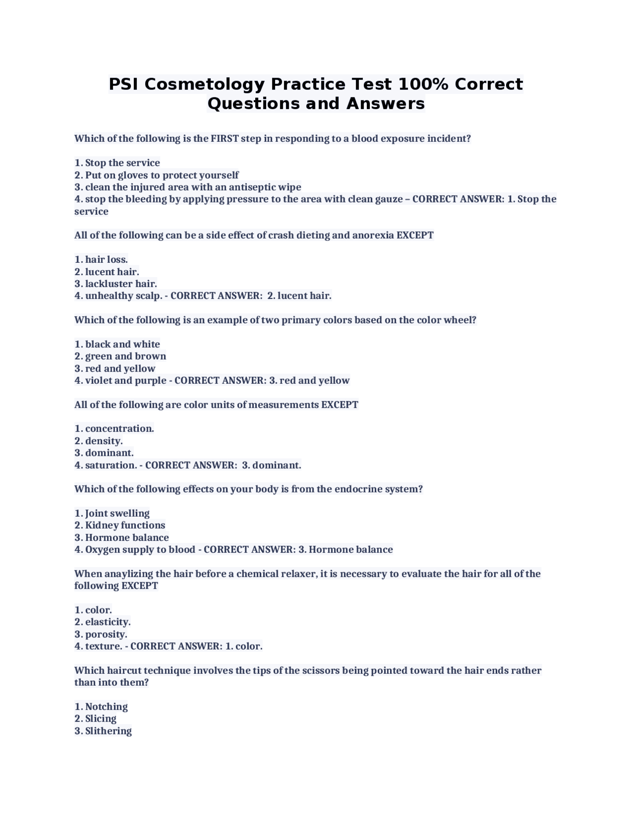 PSI Cosmetology Practice Test 100% Correct Questions and Answers ...