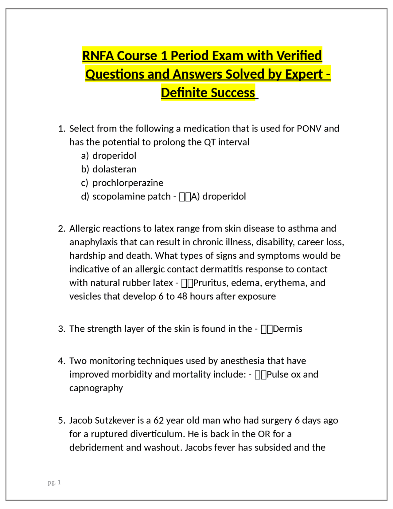 RNFA Course 1 Period Exam with Verified Questions and Answers Solved by ...