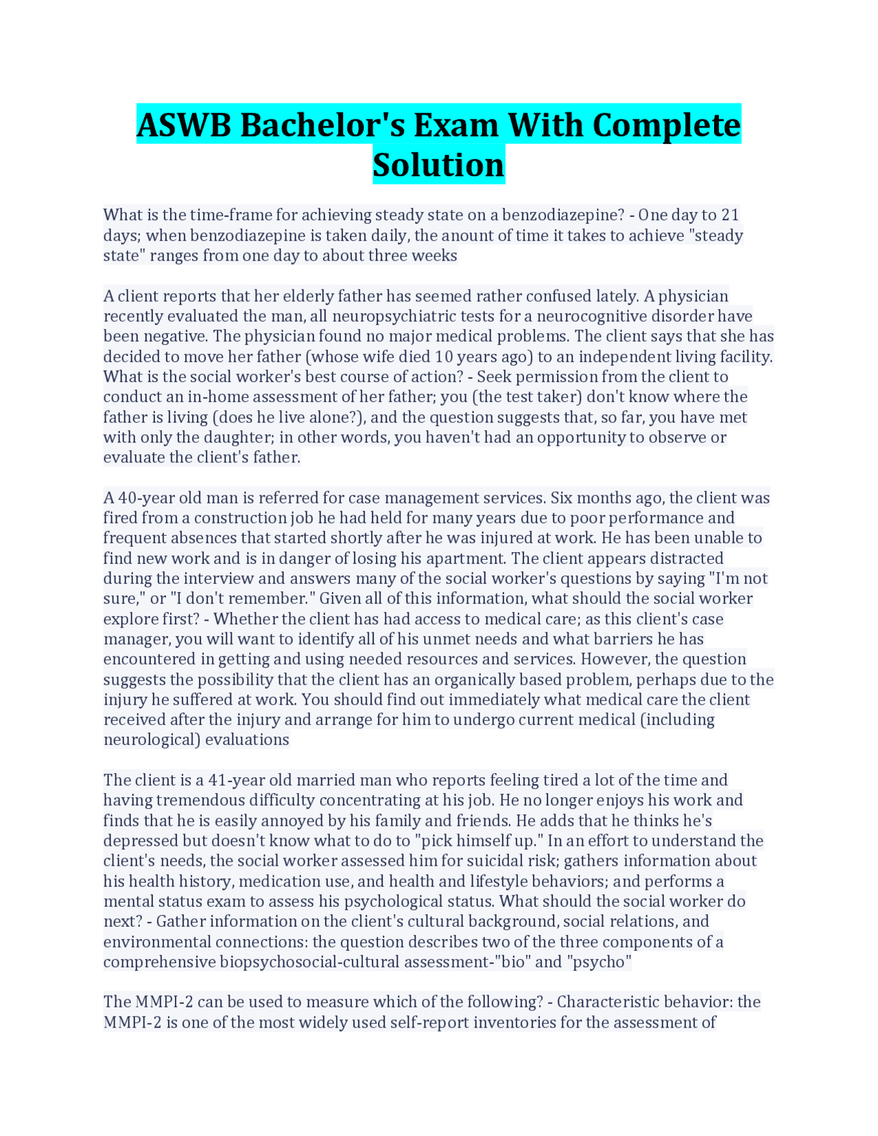 ASWB Bachelor's Exam With Complete Solution | Exams Psychology | Docsity