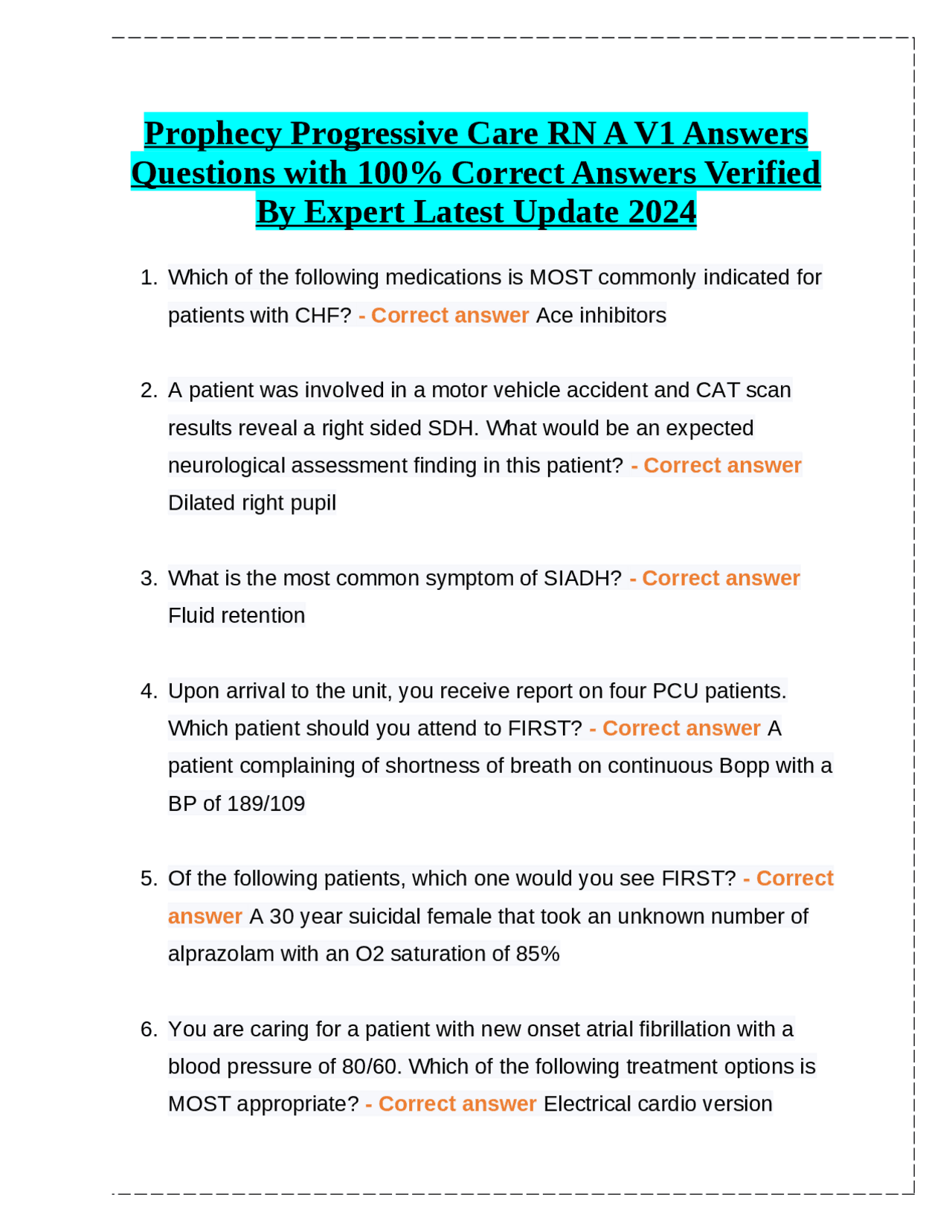 Prophecy Progressive Care RN A V1 Answers Questions with 100% Correct ...