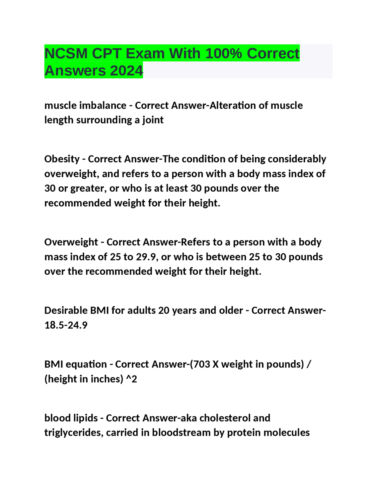 NCSM CPT Exam With 100% Correct Answers 2024 | Exams Advanced Education ...