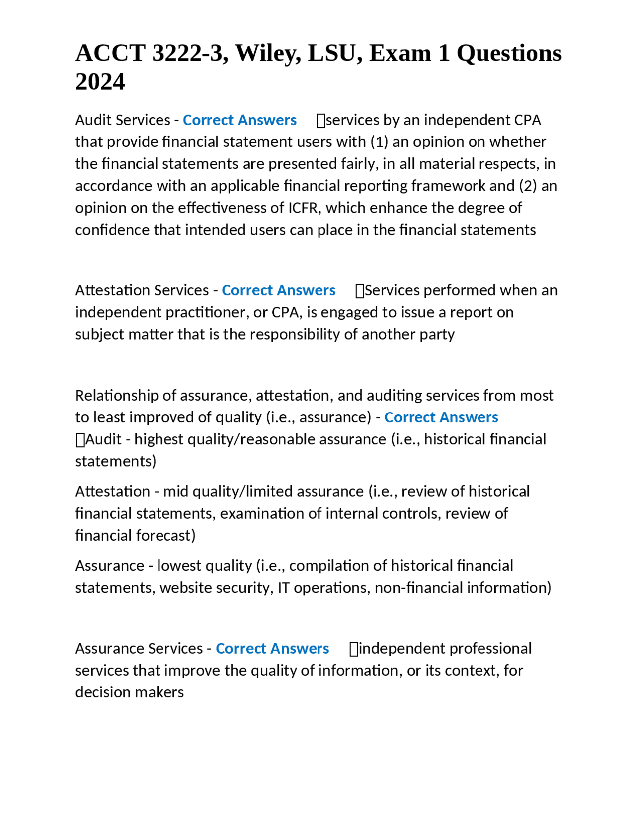 ACCT 3222-3, Wiley, LSU, Exam 1 Questions 2024 | Exams Nursing | Docsity
