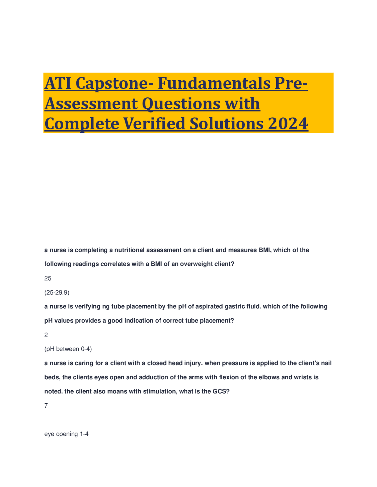 ATI Capstone- Fundamentals Pre-Assessment Questions with Complete ...