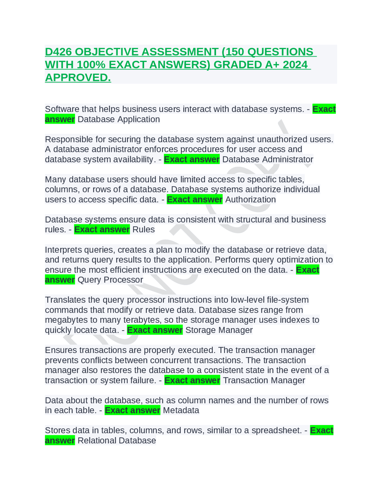 D426 OBJECTIVE ASSESSMENT (150 QUESTIONS WITH 100% EXACT ANSWERS ...
