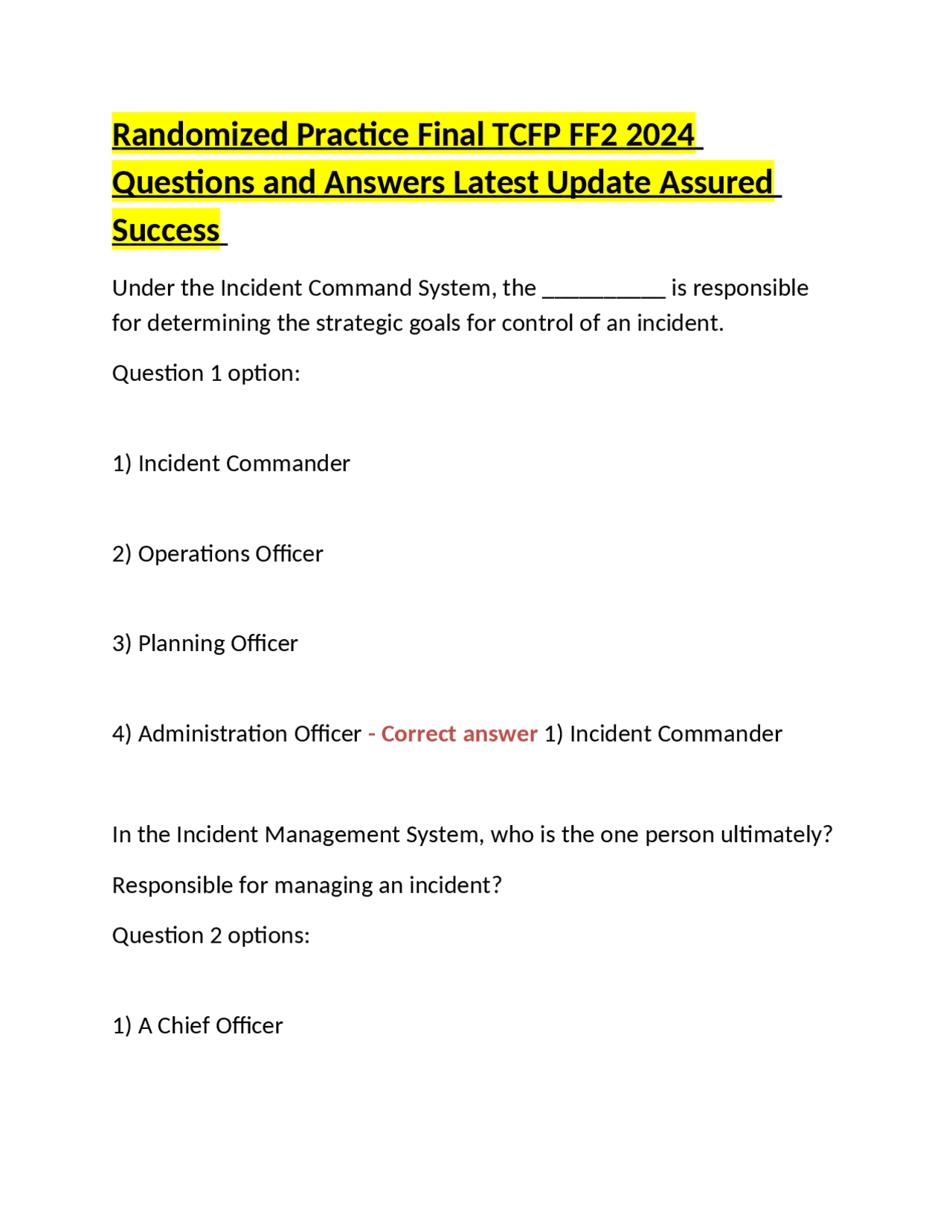 Randomized Practice Final TCFP FF2 2024 Questions and Answers Latest ...