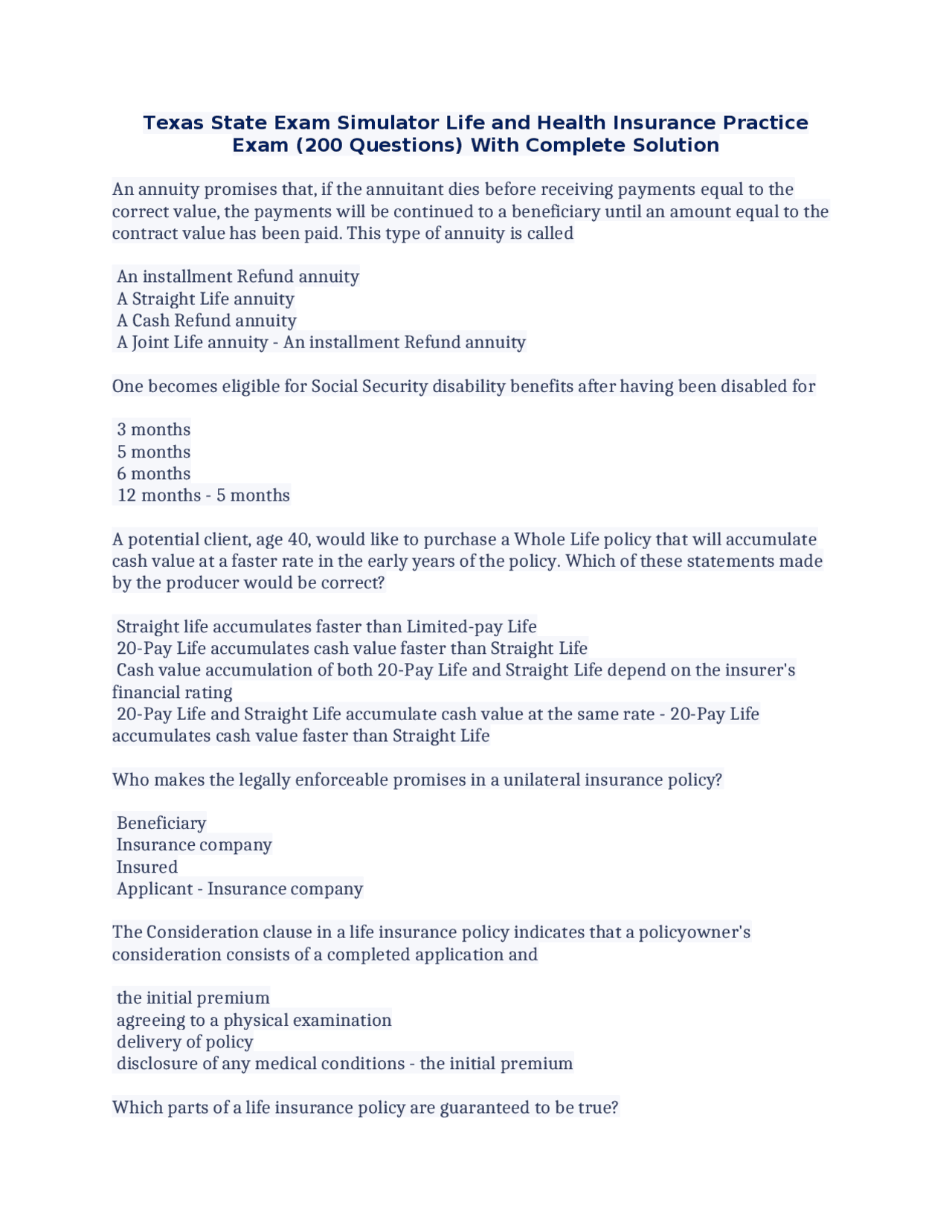 Texas State Exam Simulator Life and Health Insurance Practice Exam (200 ...