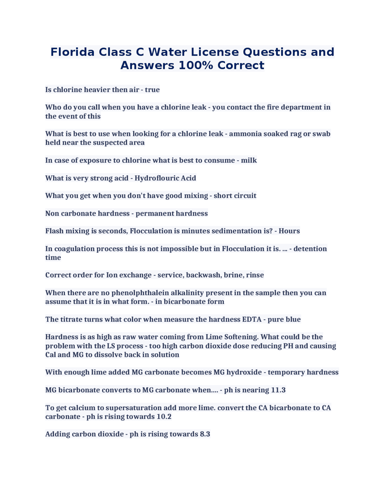Florida Class C Water License Questions and Answers 100% Correct ...