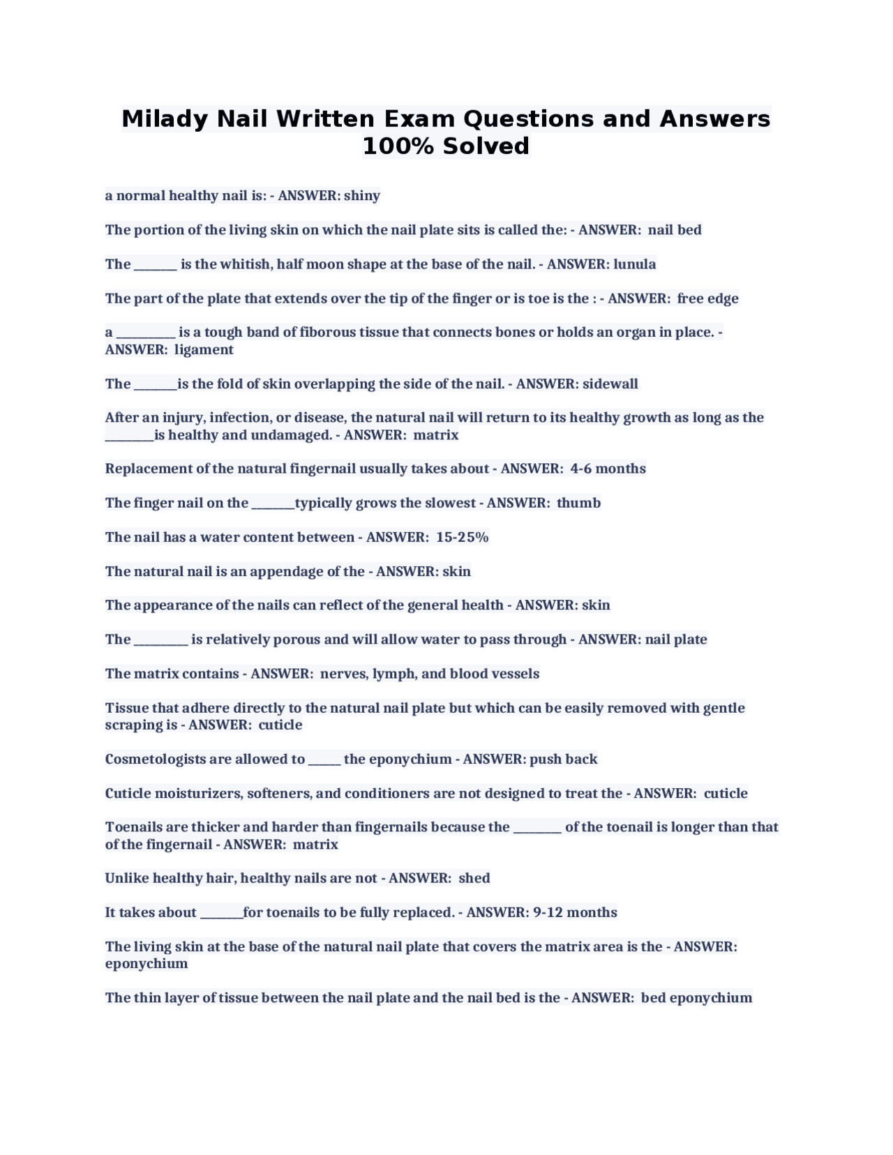 Milady Nail Written Exam Questions and Answers 100% Solved | Exams ...