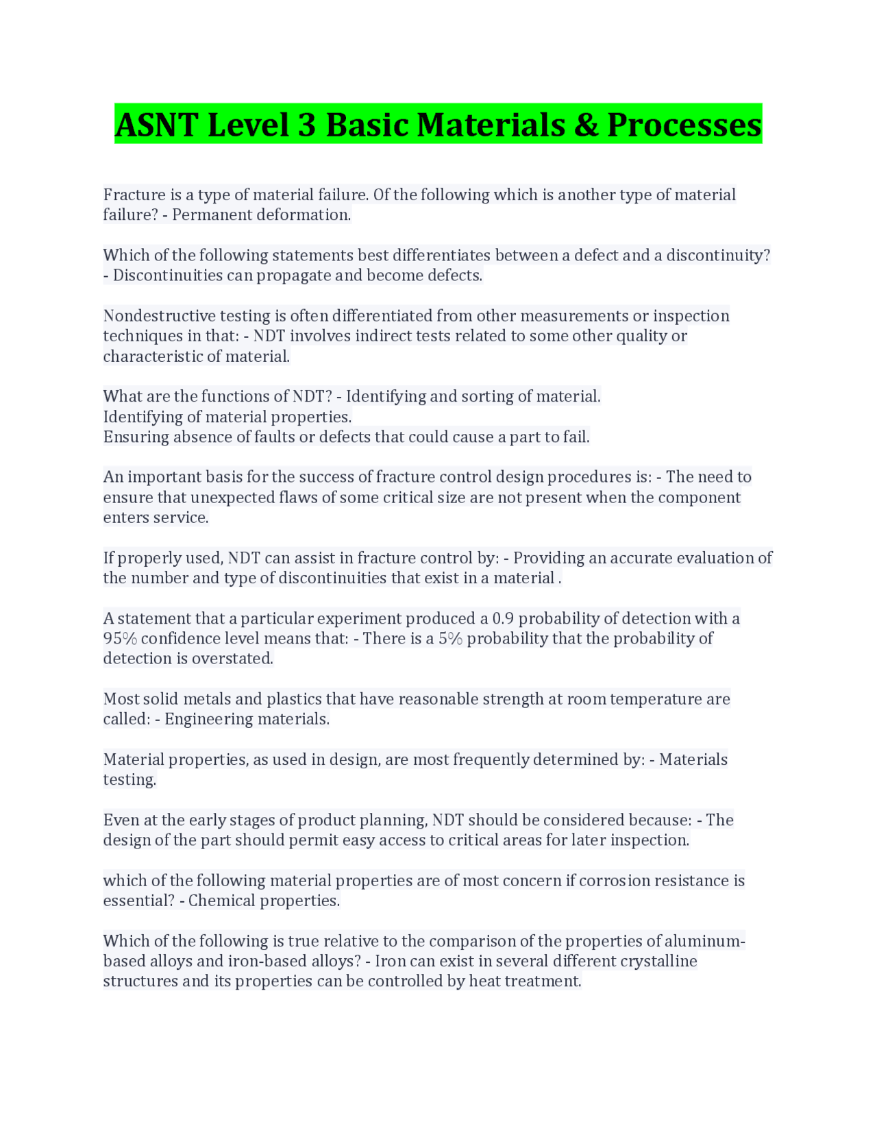 ASNT Level 3 Basic Materials & Processes | Exams Health sciences | Docsity