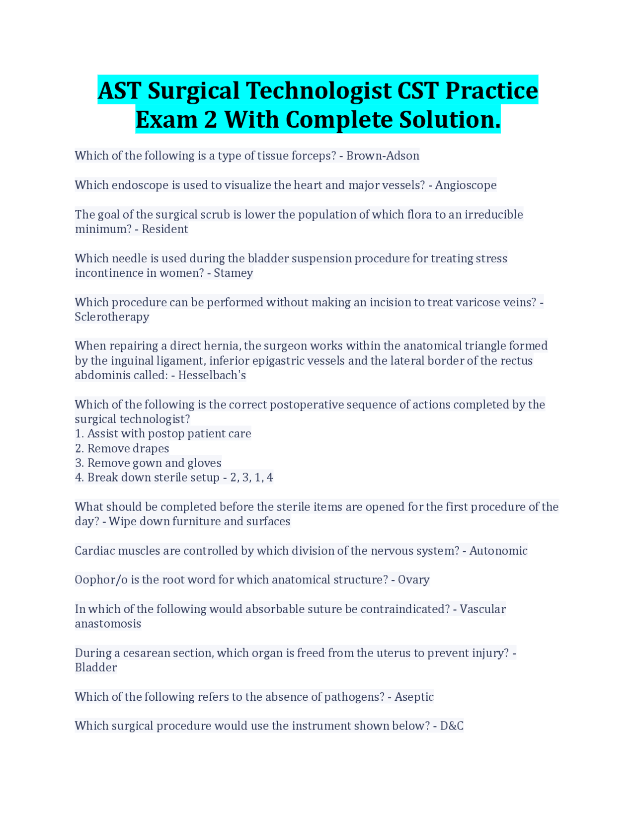 AST Surgical Technologist CST Practice Exam 2 With Complete Solution ...