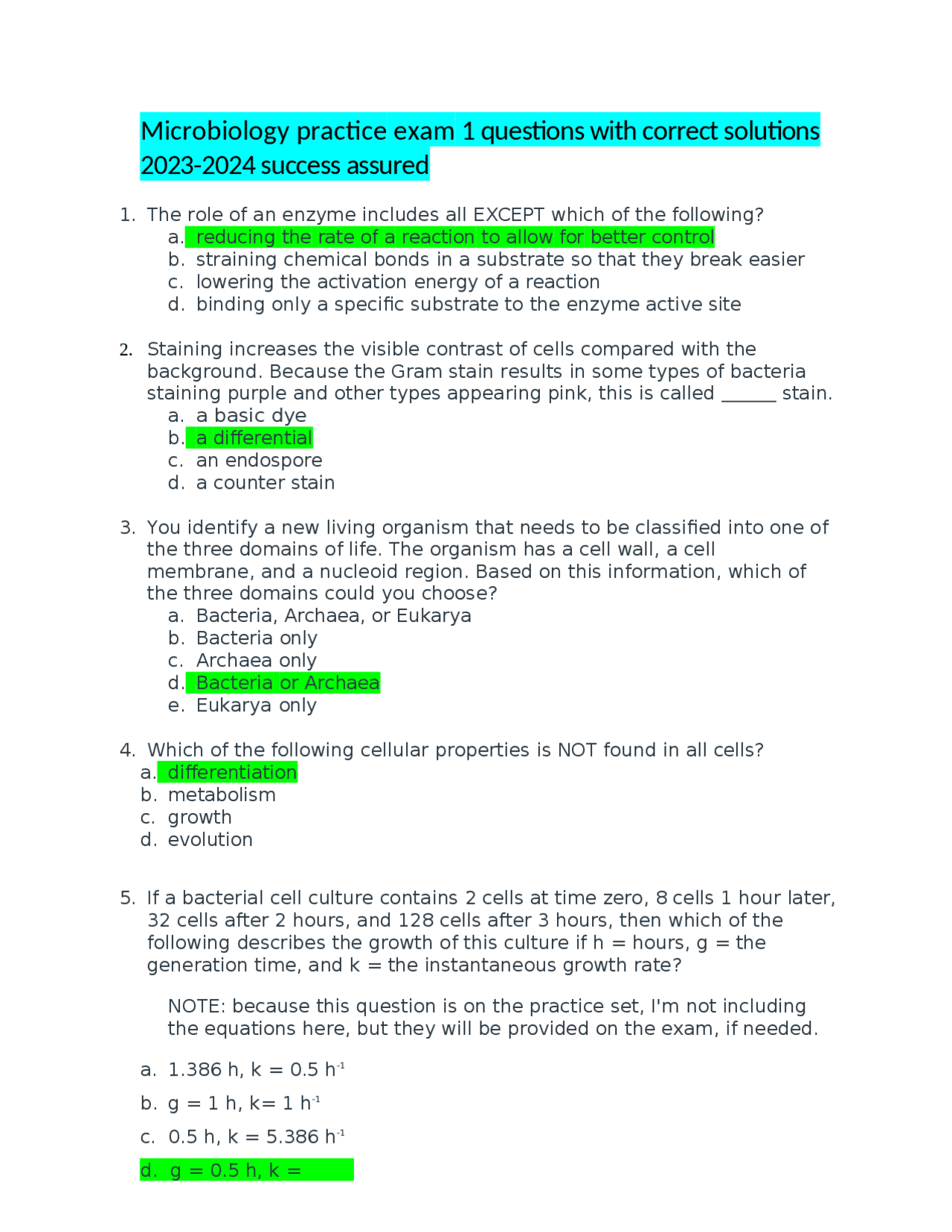 Microbiology practice exam 1 questions with correct solutions 2023-2024 ...