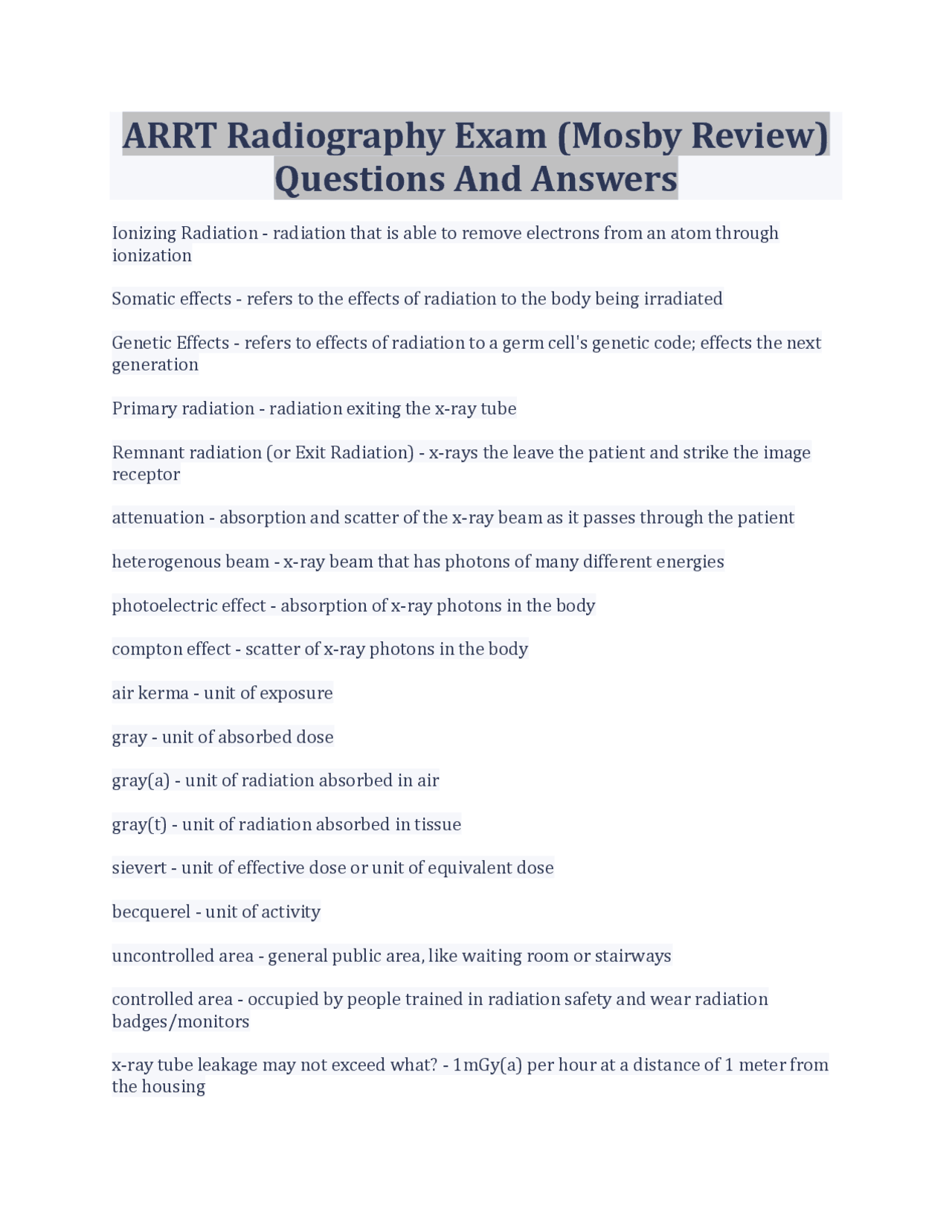 ARRT Radiography Exam (Mosby Review) Questions And Answers | Exams ...