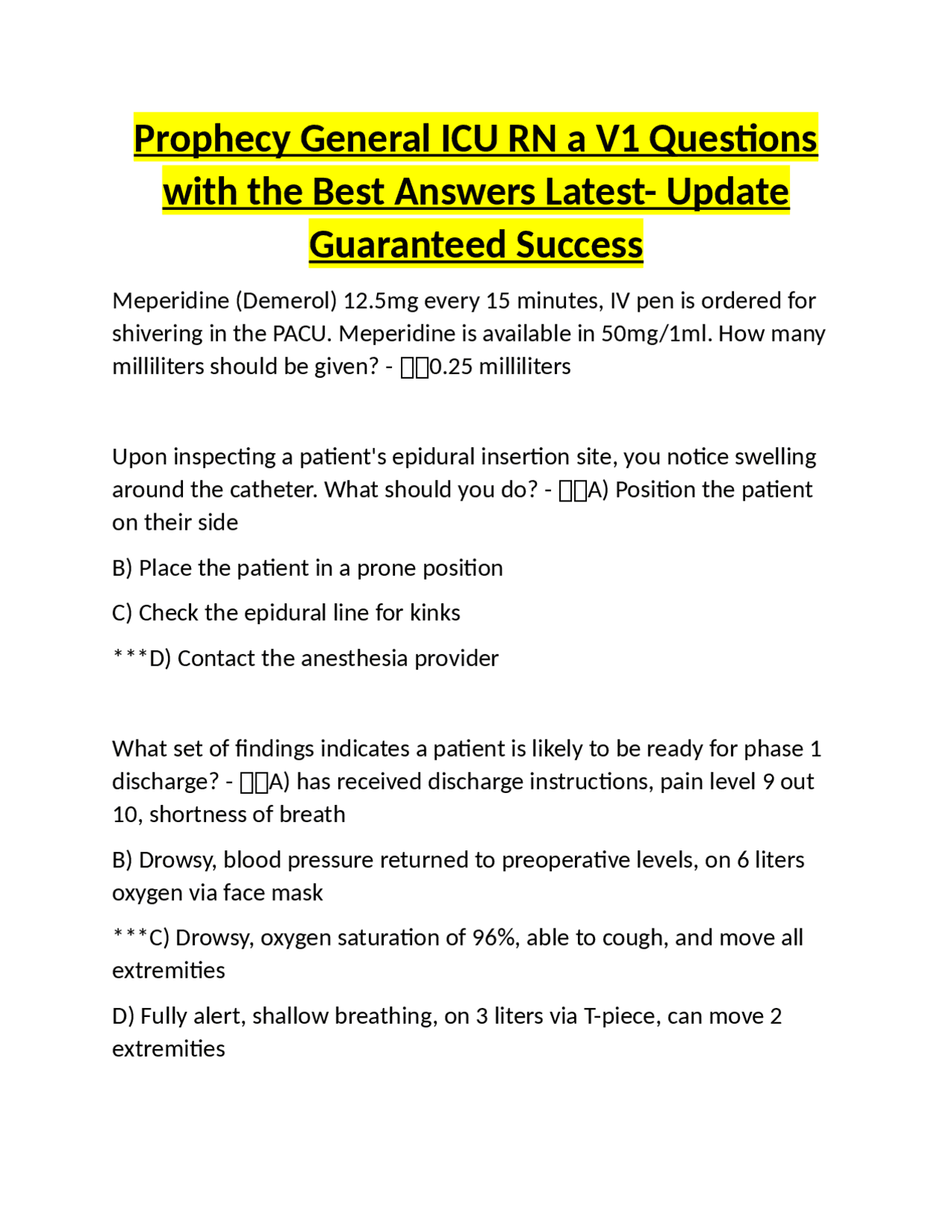 Prophecy General ICU RN a V1 Questions with the Best Answers Latest ...