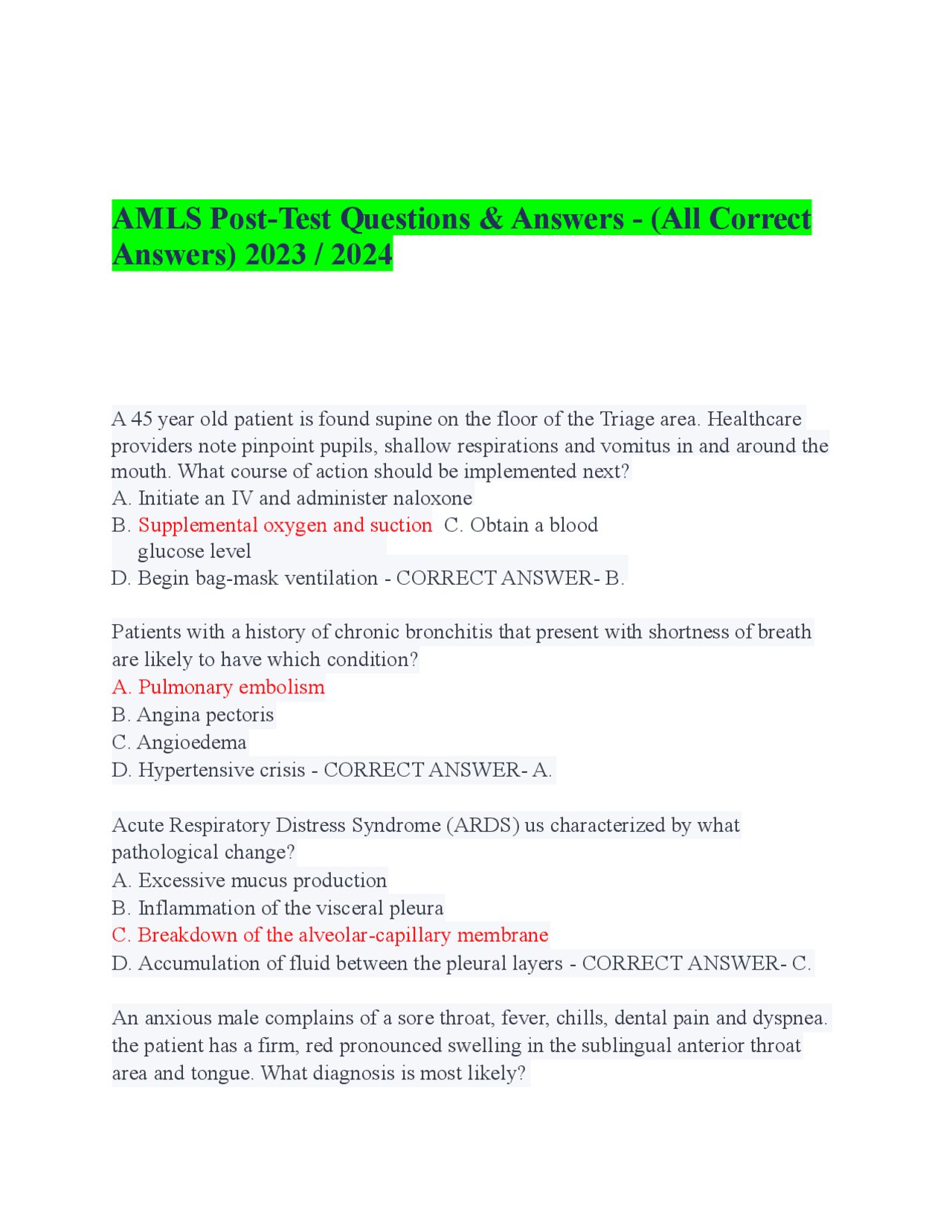 AMLS Post-Test Questions & Answers 2023/2024 | Exams Nursing | Docsity
