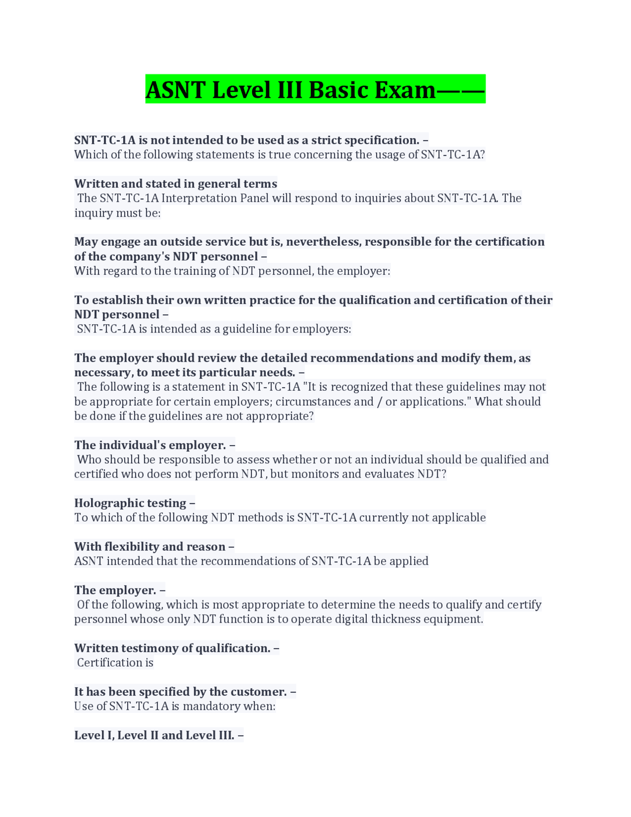 Asnt Level Iii Basic Exam Exams Health Sciences Docsity