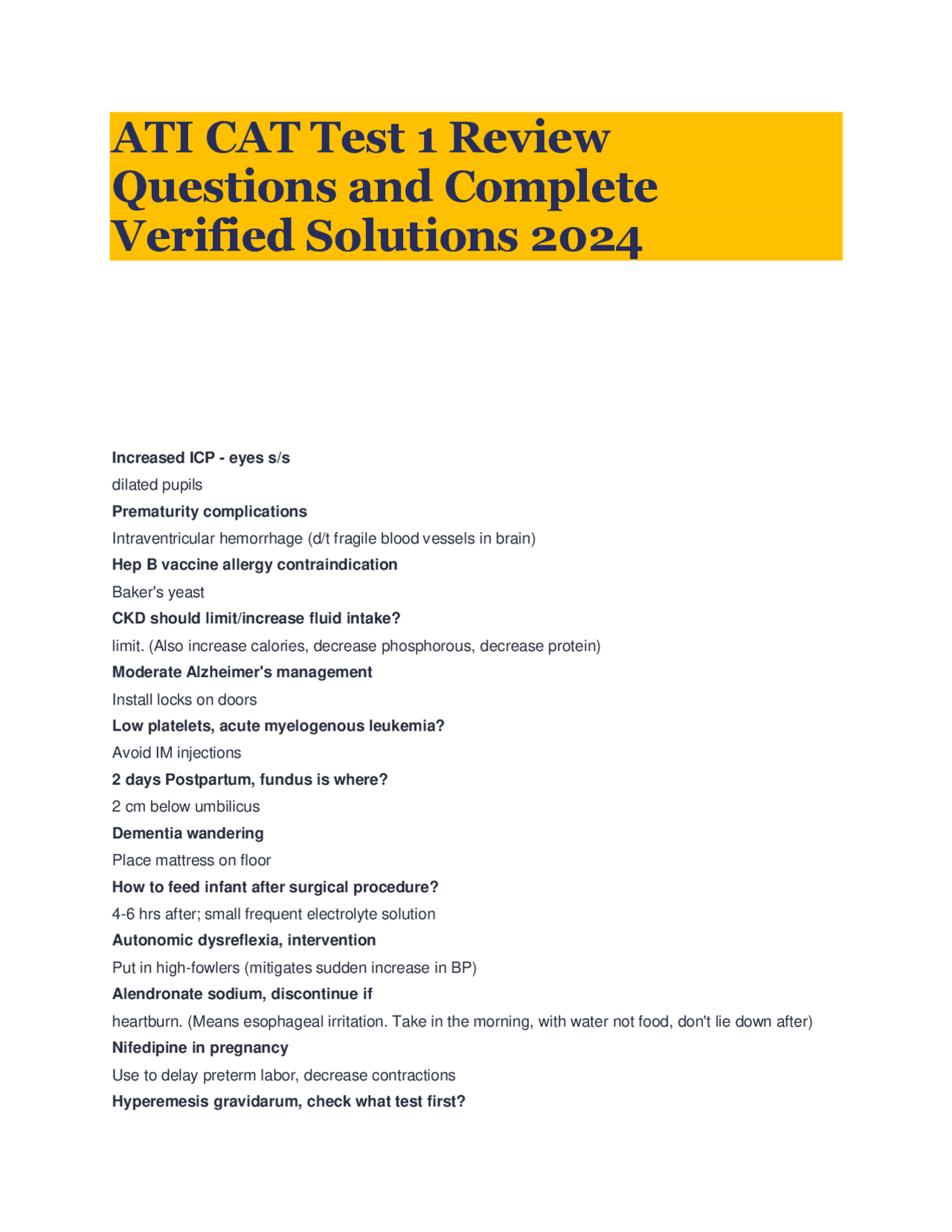 ATI CAT Test 1 Review Questions and Complete Verified Solutions 2024 ...