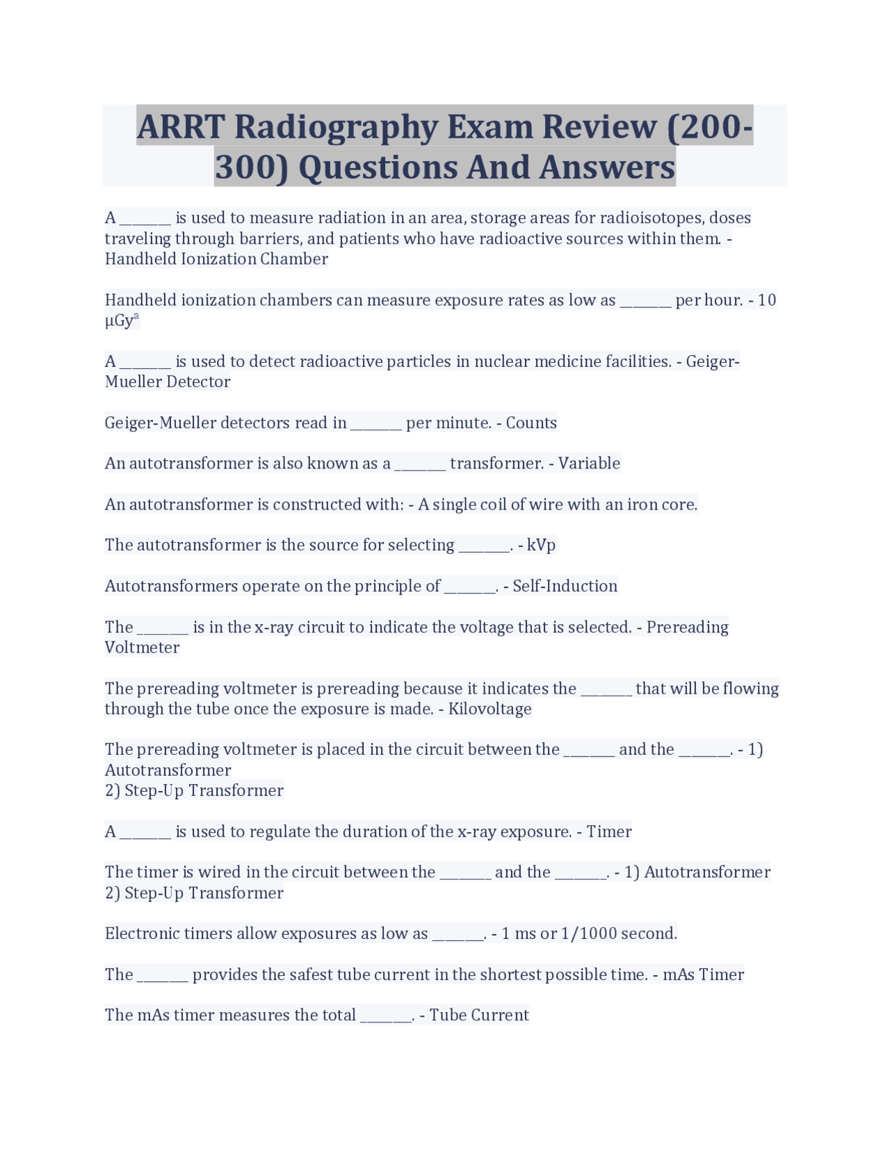 ARRT Radiography Exam Review (200- 300) Questions And Answers | Exams ...