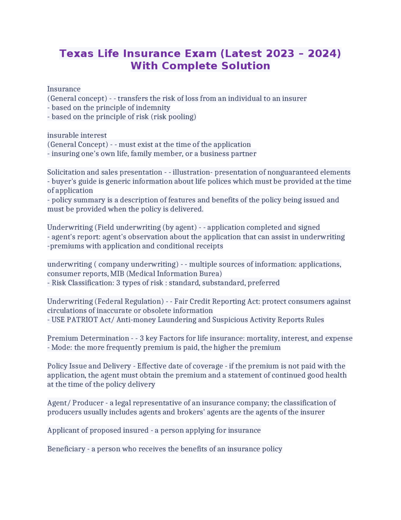 Texas Life Insurance Exam (Latest 2023 – 2024) With Complete Solution ...