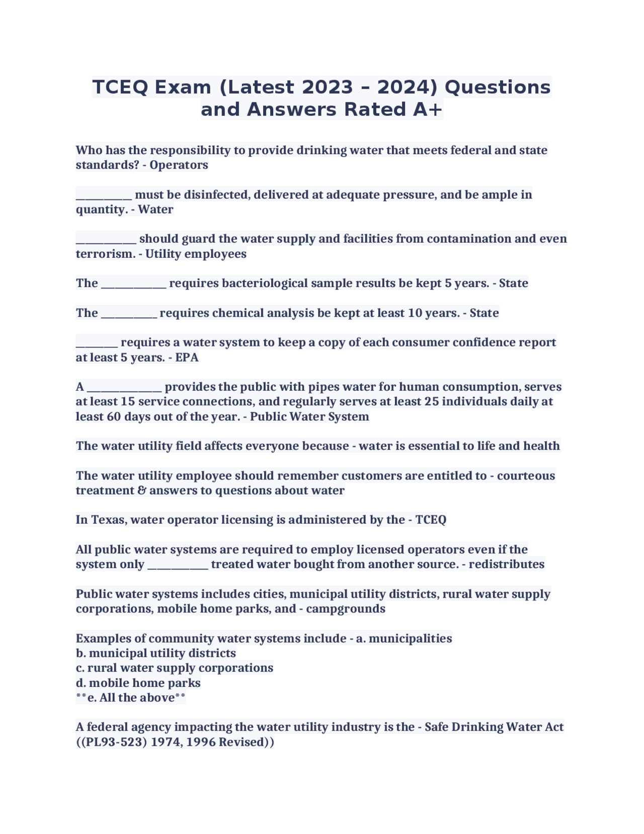 TCEQ Exam (Latest 2023 – 2024) Questions and Answers Rated A+ | Exams ...
