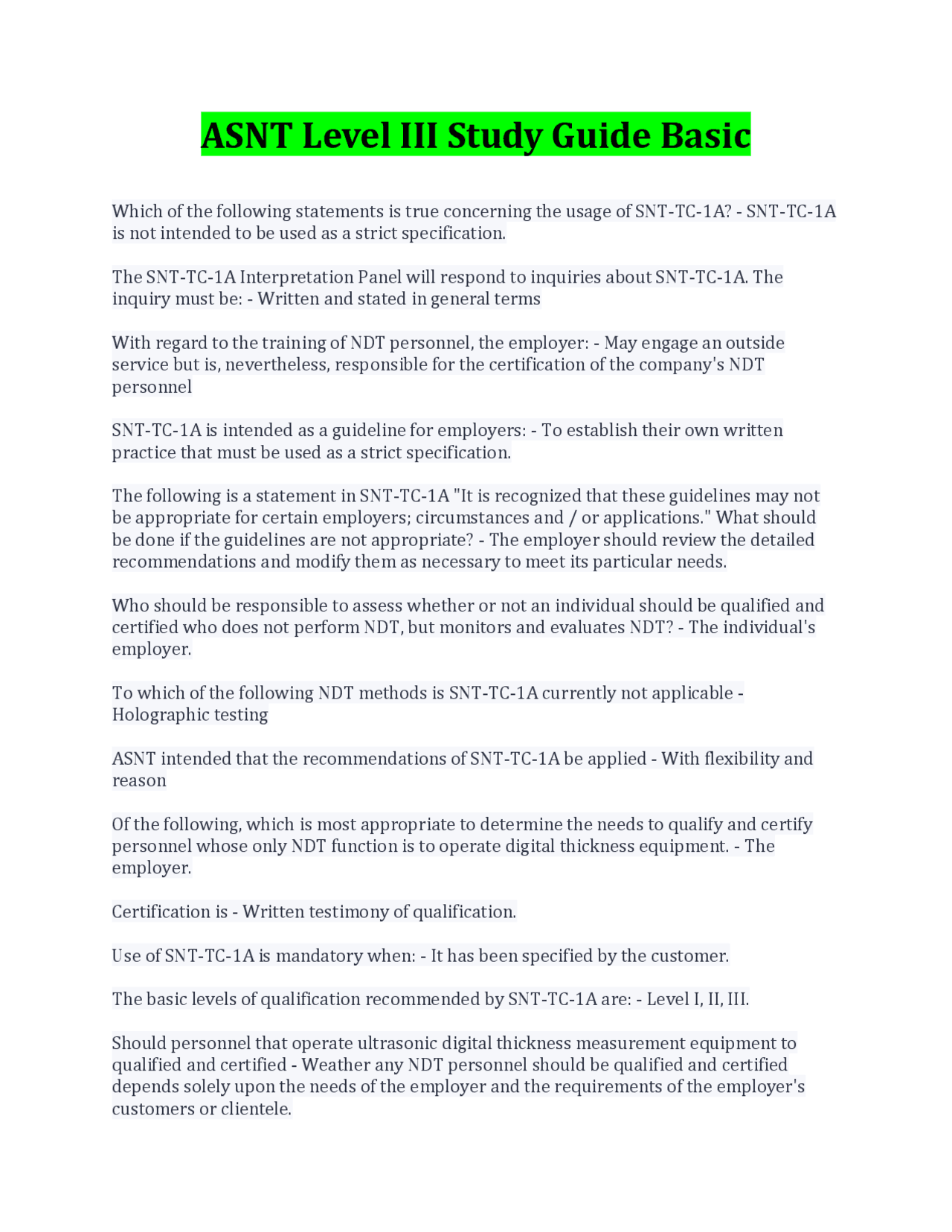 ASNT Level III Study Guide Basic | Exams Health sciences | Docsity