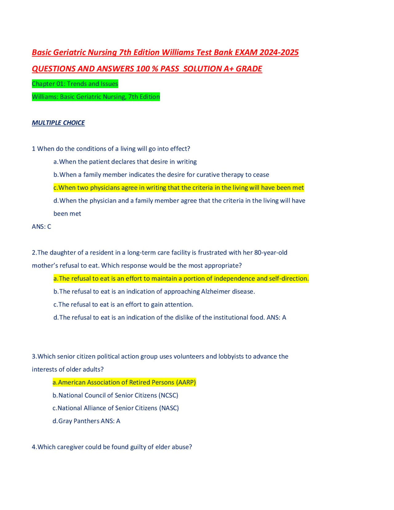 Basic Geriatric Nursing 7th Edition Williams Test Bank EXAM 2024.pdf ...