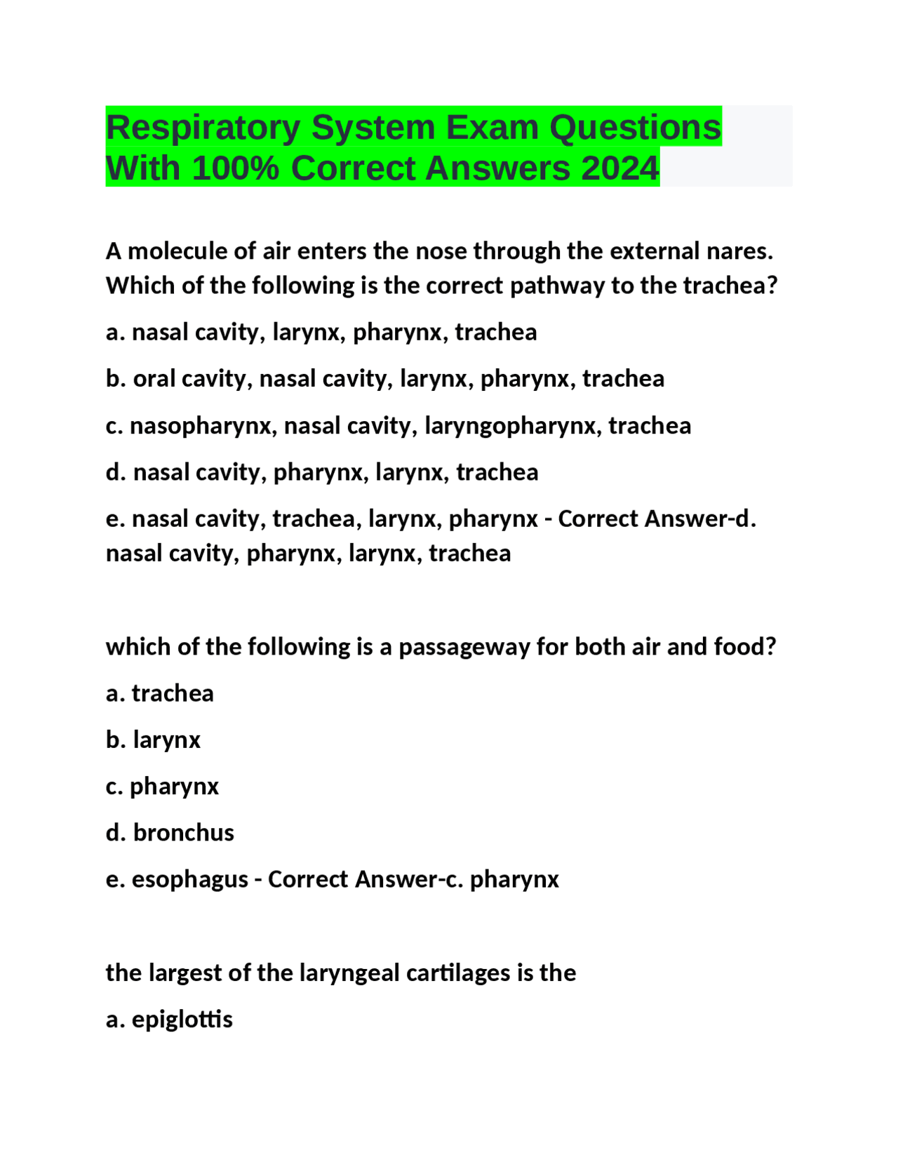 Respiratory System Exam Questions With 100% Correct Answers 2024 ...