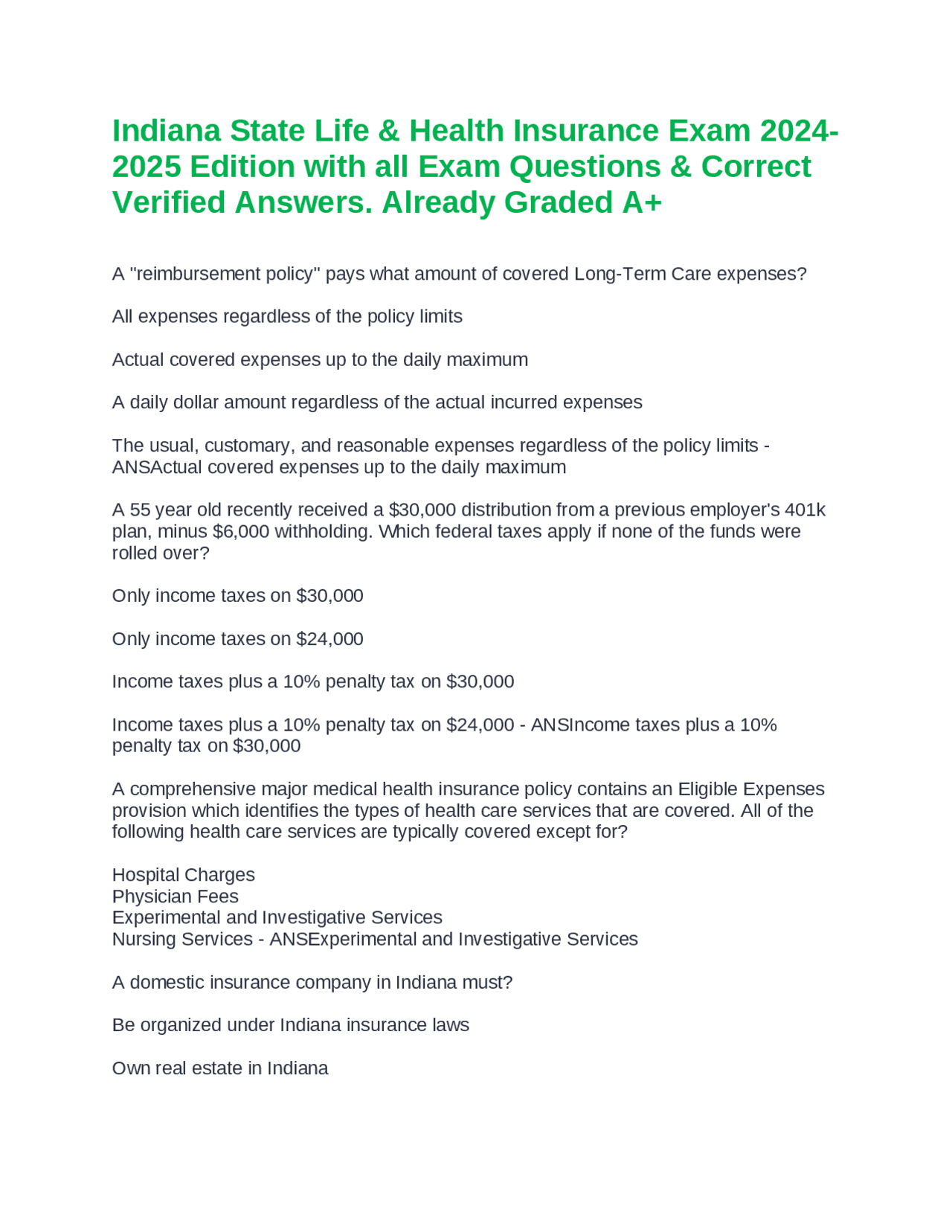 Indiana State Life & Health Insurance Exam 2024-2025. Questions ...