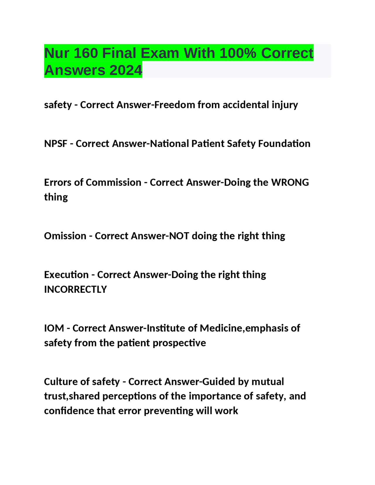 Nur 160 Final Exam With 100% Correct Answers 2024 | Exams Advanced ...