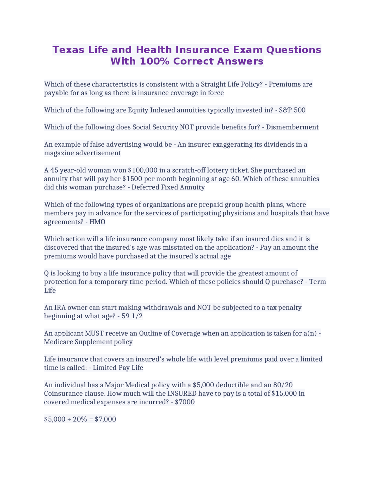 Texas Life and Health Insurance Exam Questions With 100% Correct ...