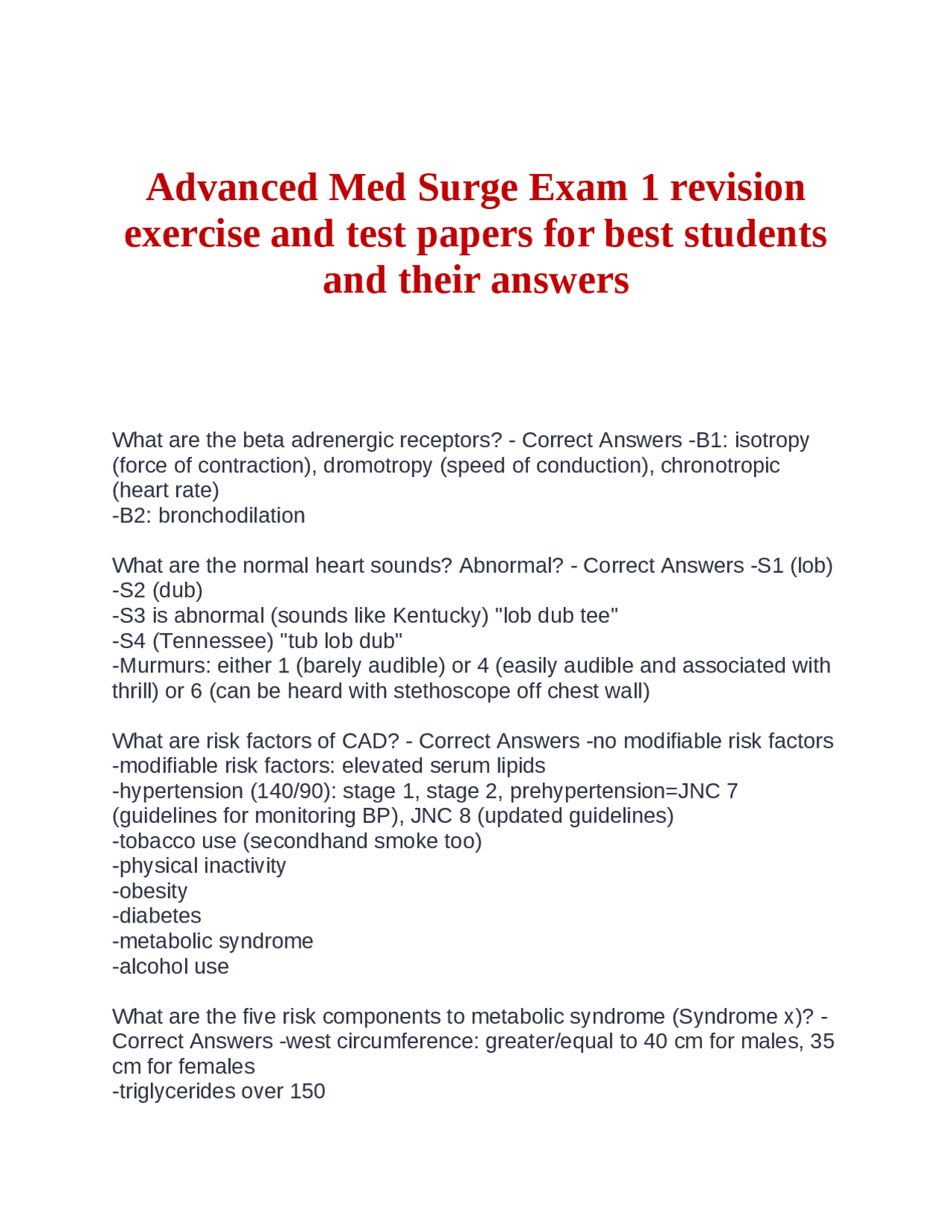 Advanced Med Surge Exam 1 revision exercise and test papers for best ...