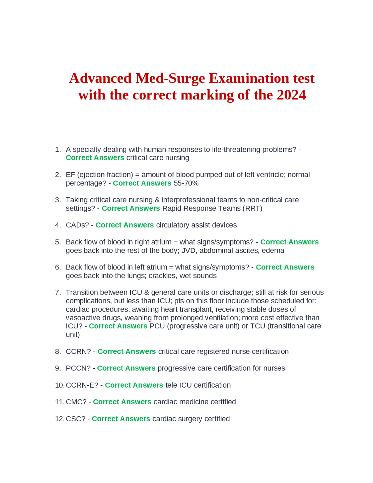 Advanced Med-Surge Examination test with the correct marking of the ...