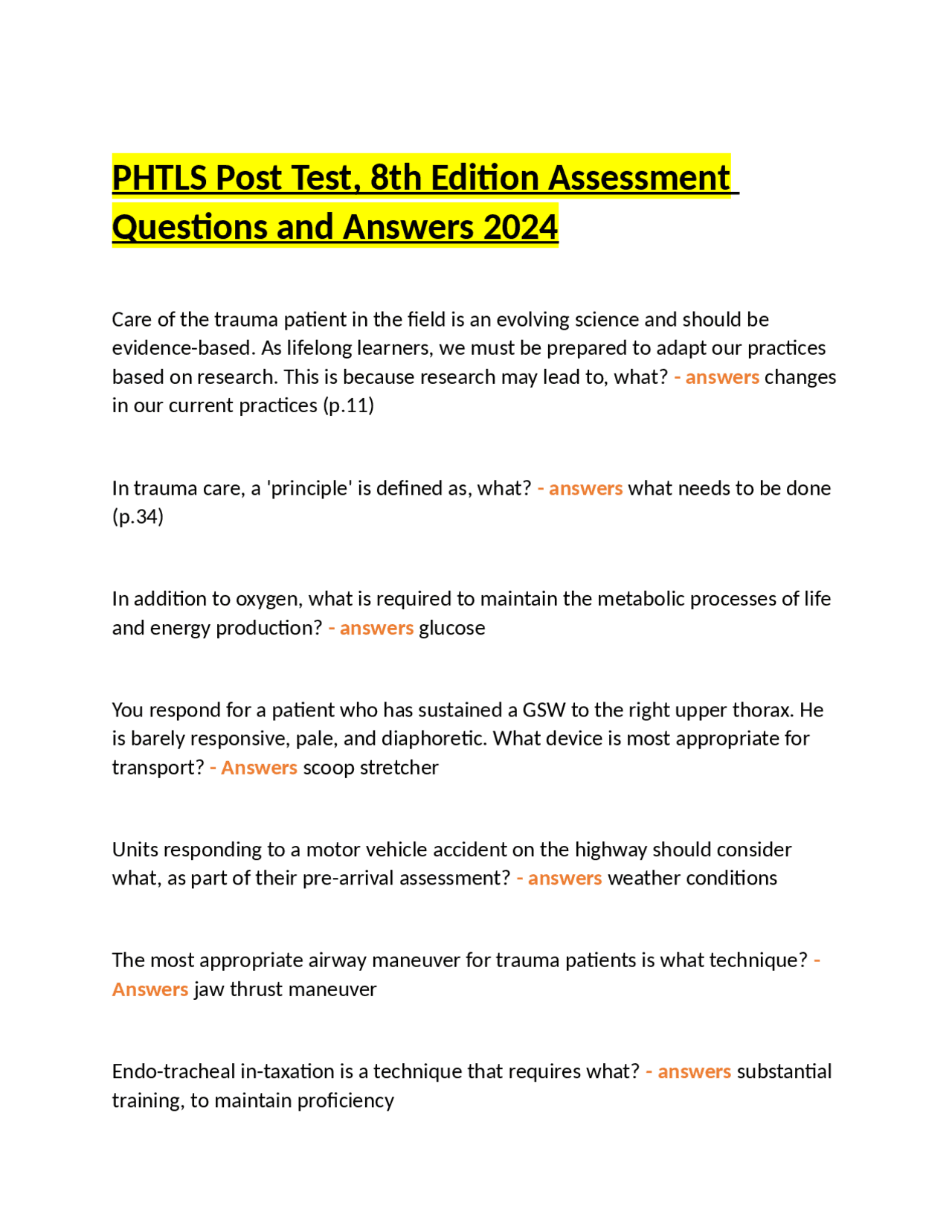 PHTLS Post Test, 8th Edition Assessment Questions and Answers 2024 ...