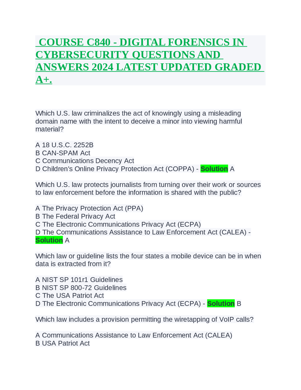 COURSE C840 - DIGITAL FORENSICS IN CYBERSECURITY QUESTIONS AND ANSWERS ...