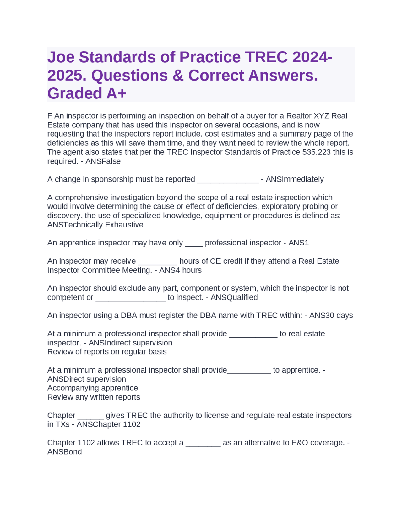 Joe Standards of Practice TREC 2024-2025. Questions & Correct Answers. Graded A+ | Exams Real ...