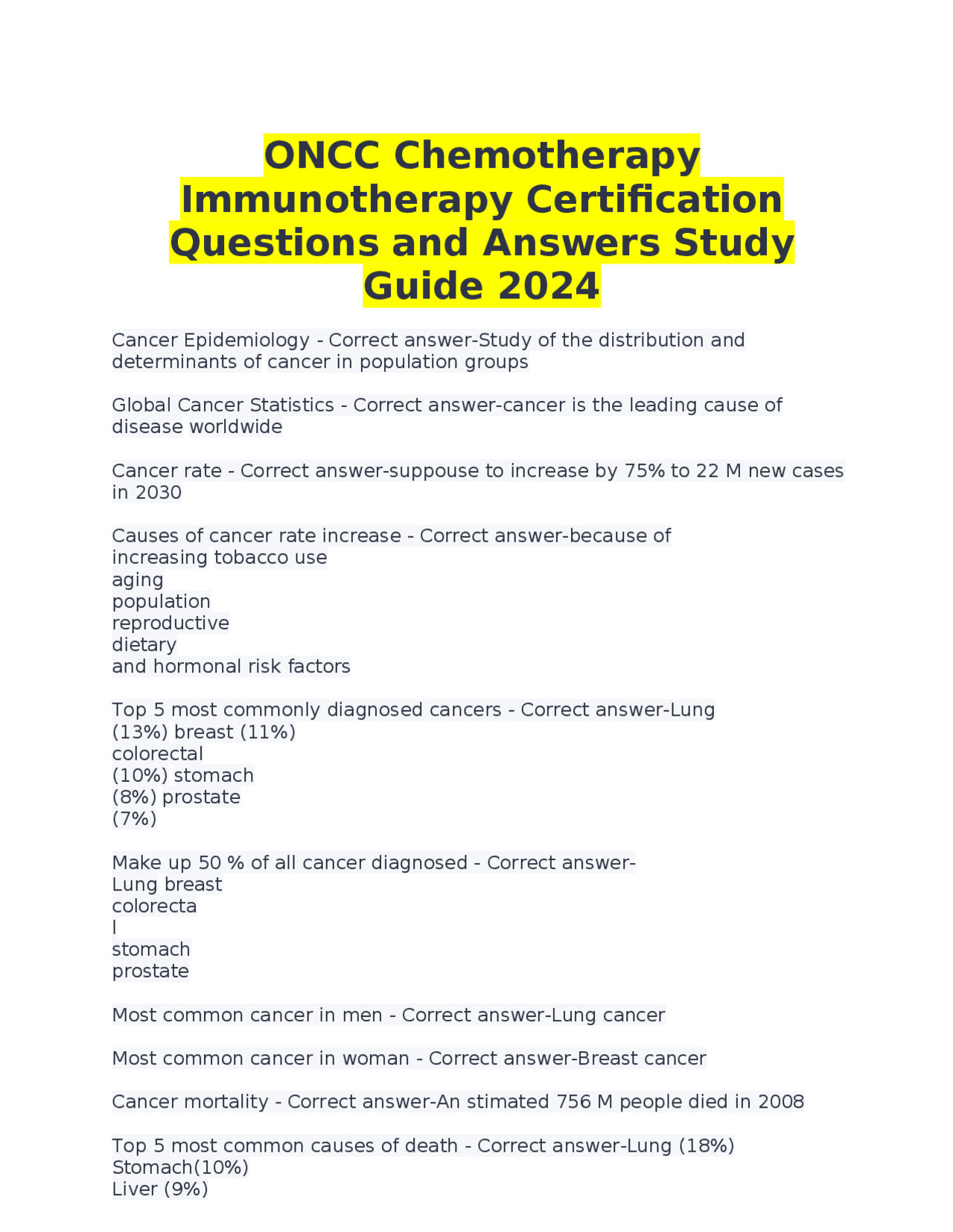 ONCC Chemotherapy Immunotherapy Certification Questions and Answers ...