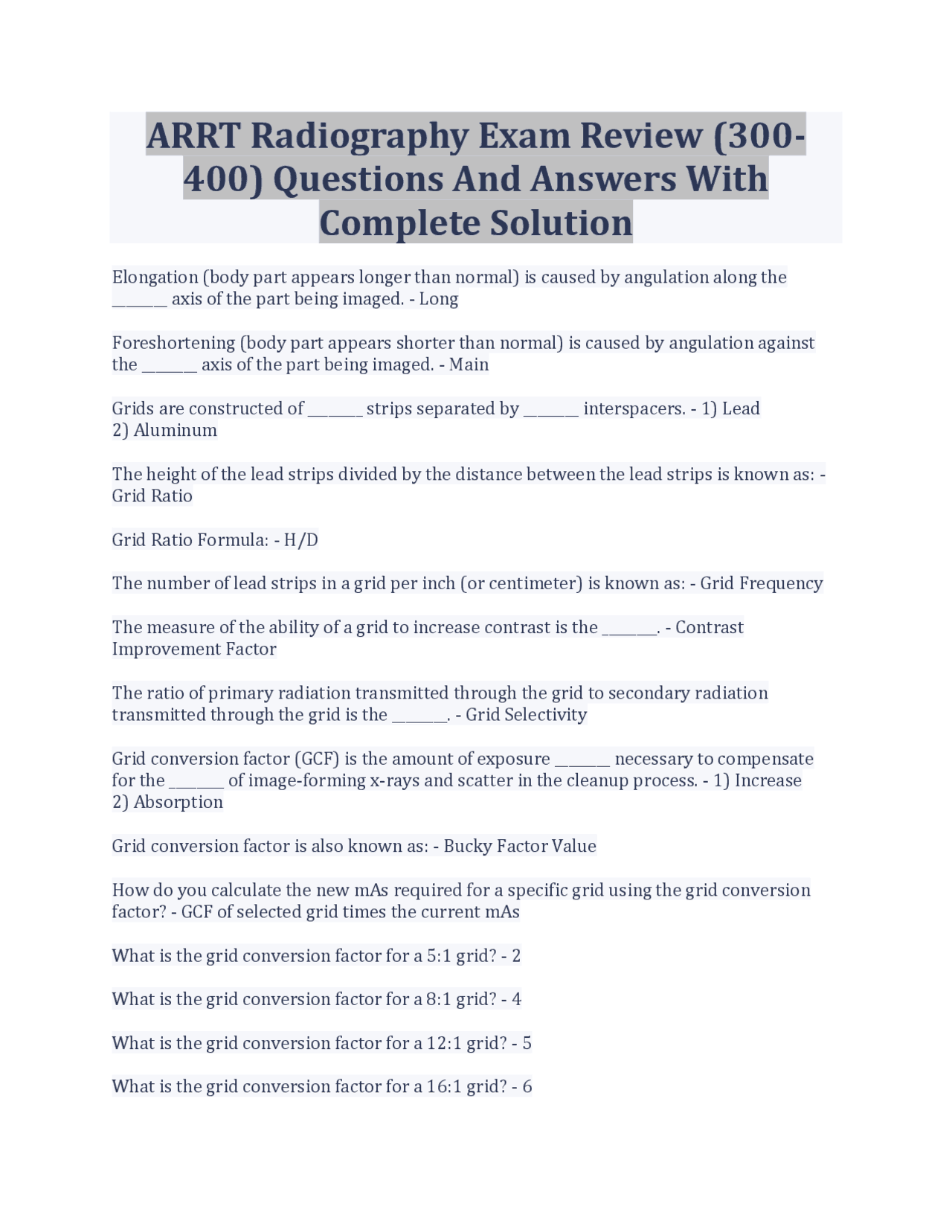 ARRT Radiography Exam Review (300- 400) Questions And Answers With ...