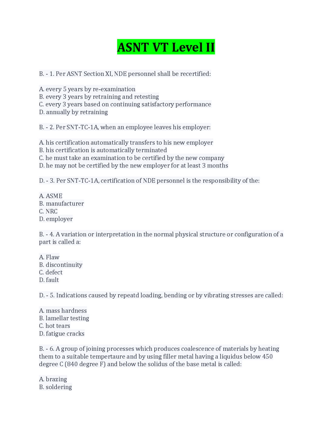 ASNT VT Level II Questions And Answers | Exams Health sciences | Docsity