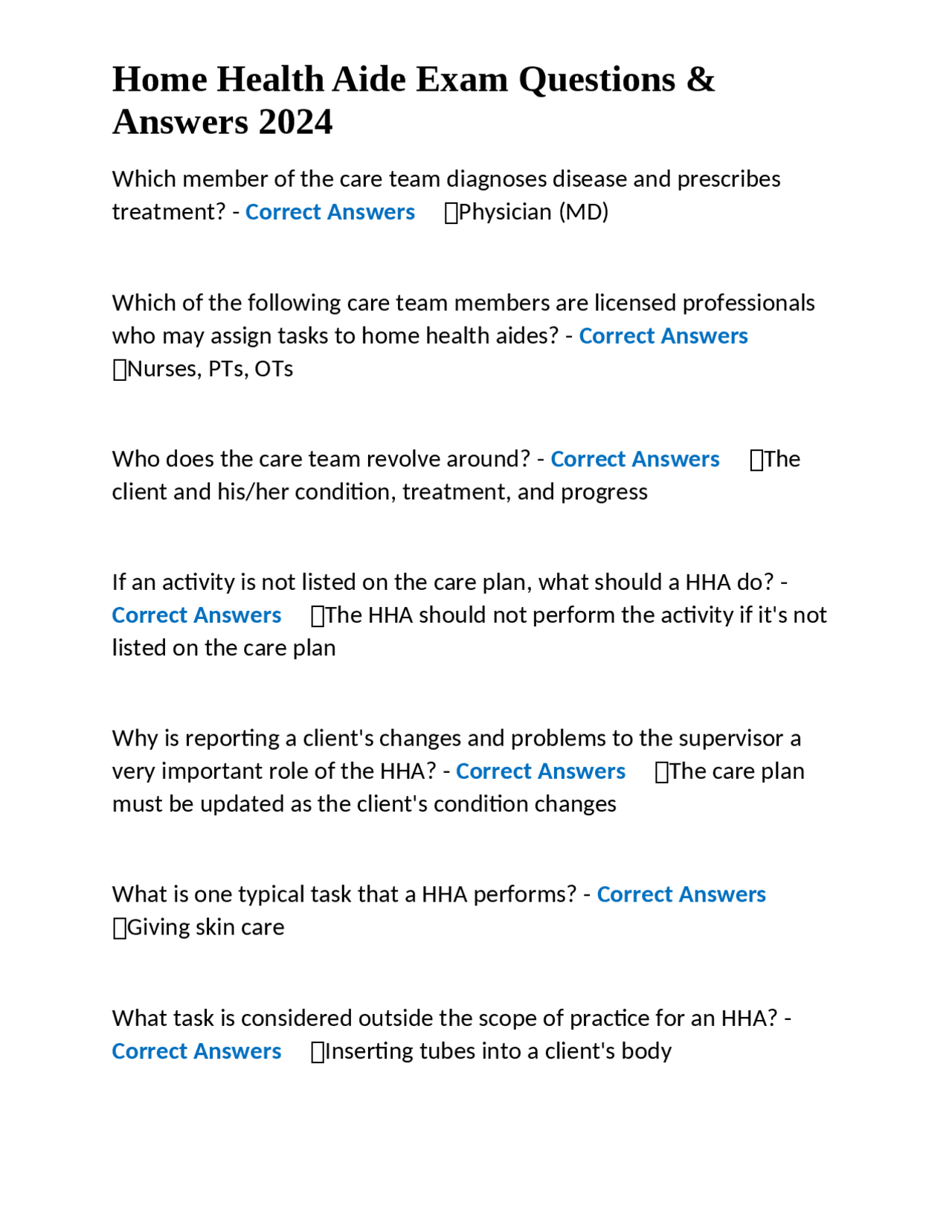Home Health Aide Exam Questions & Answers 2024 | Exams Nursing | Docsity
