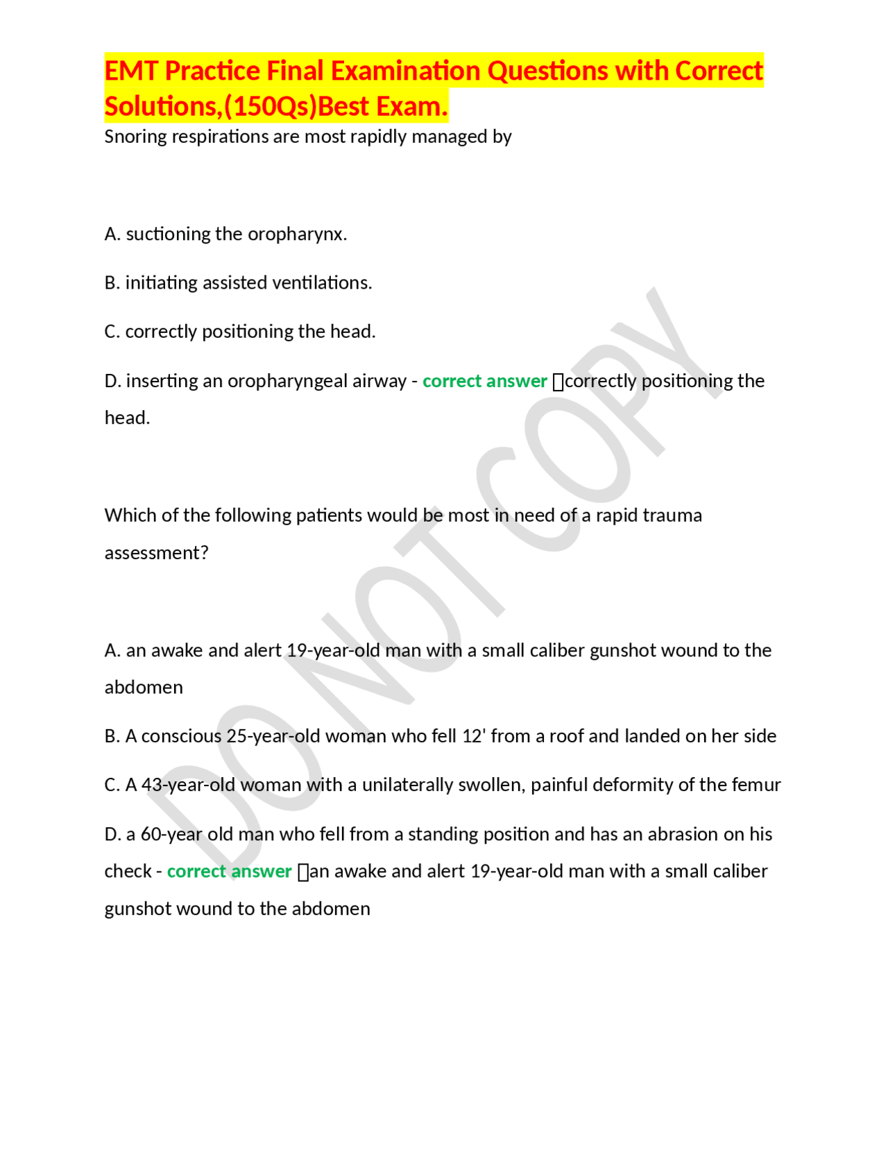 EMT Practice Final Examination Questions with Correct Solutions,(150Qs ...