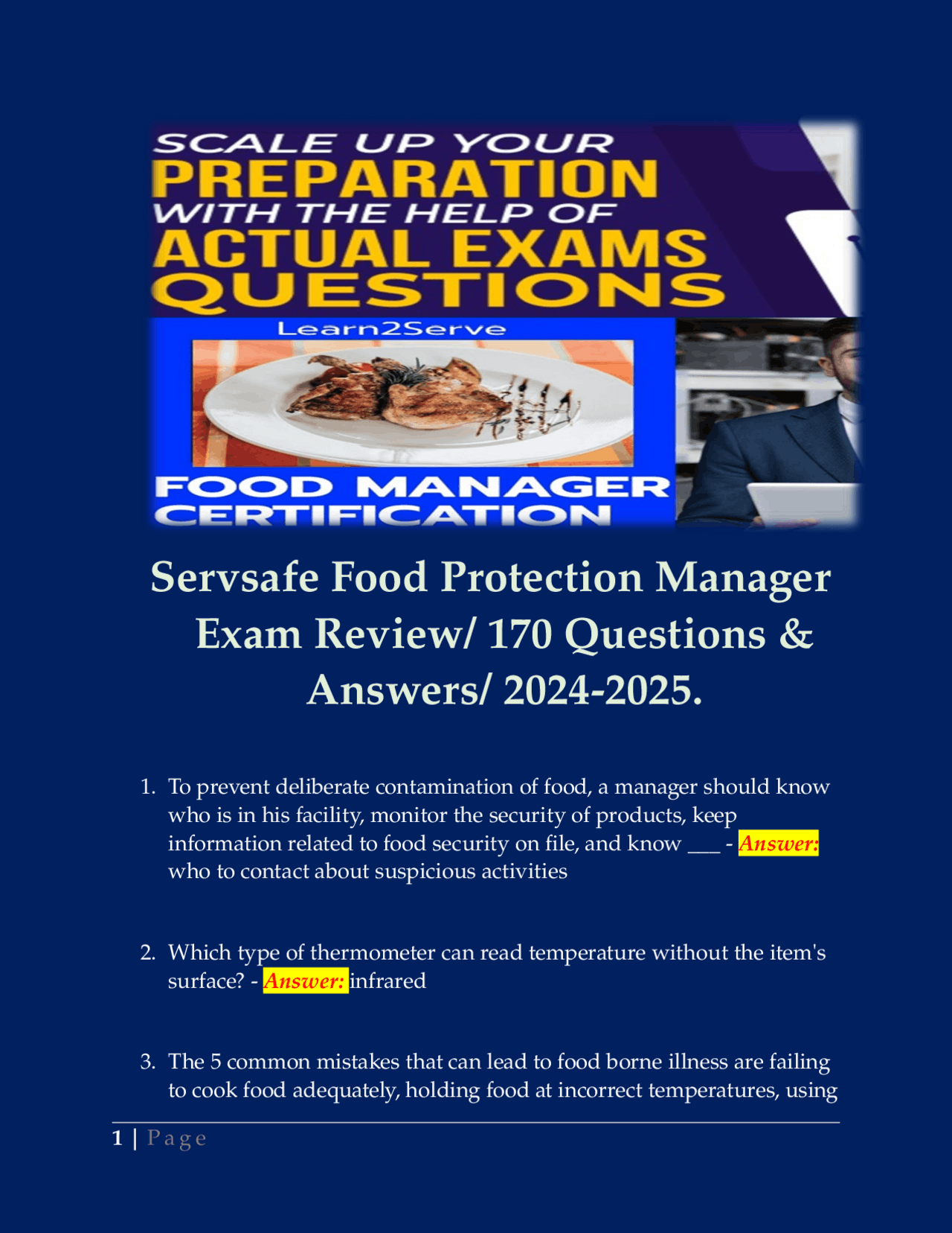 Servsafe Food Protection Manager Exam Review | Exams Food science | Docsity