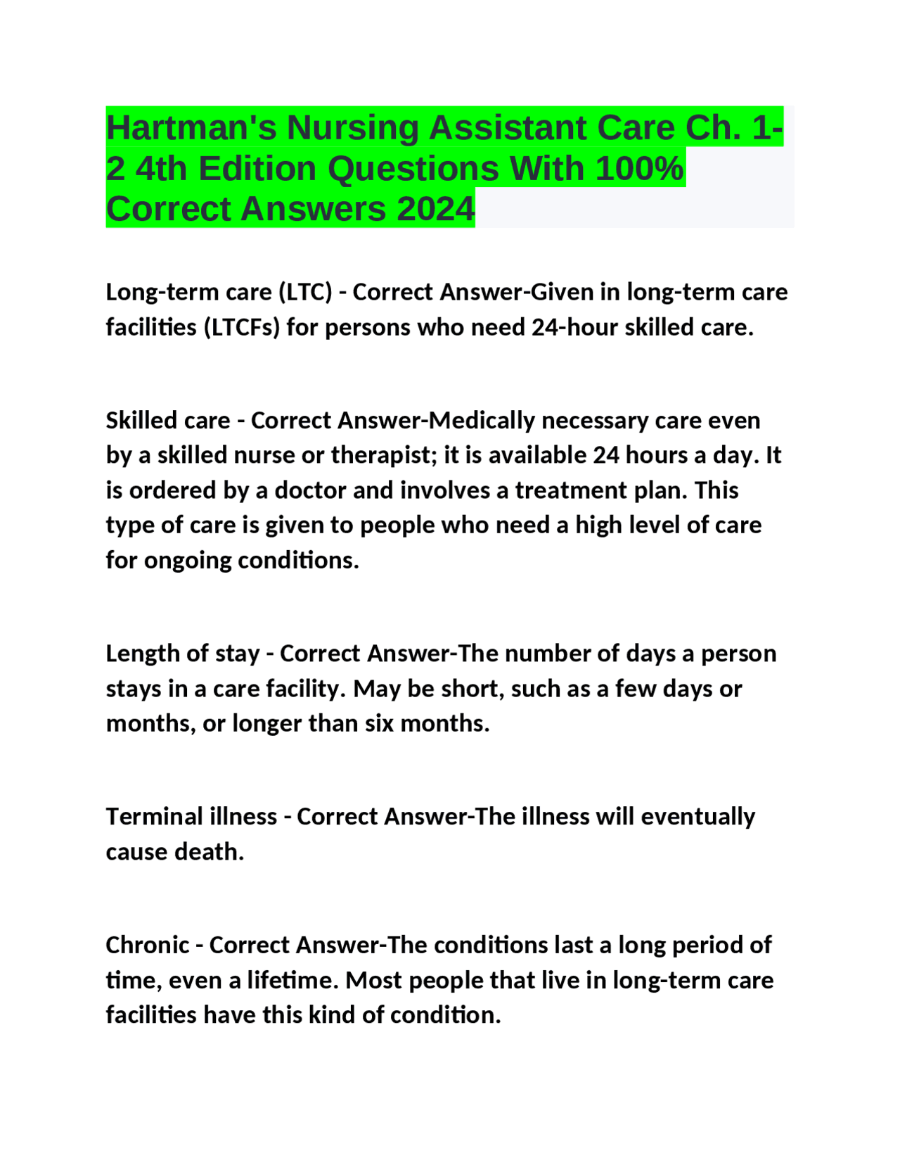 Hartman's Nursing Assistant Care Ch. 1-2 4th Edition Questions With 100 ...