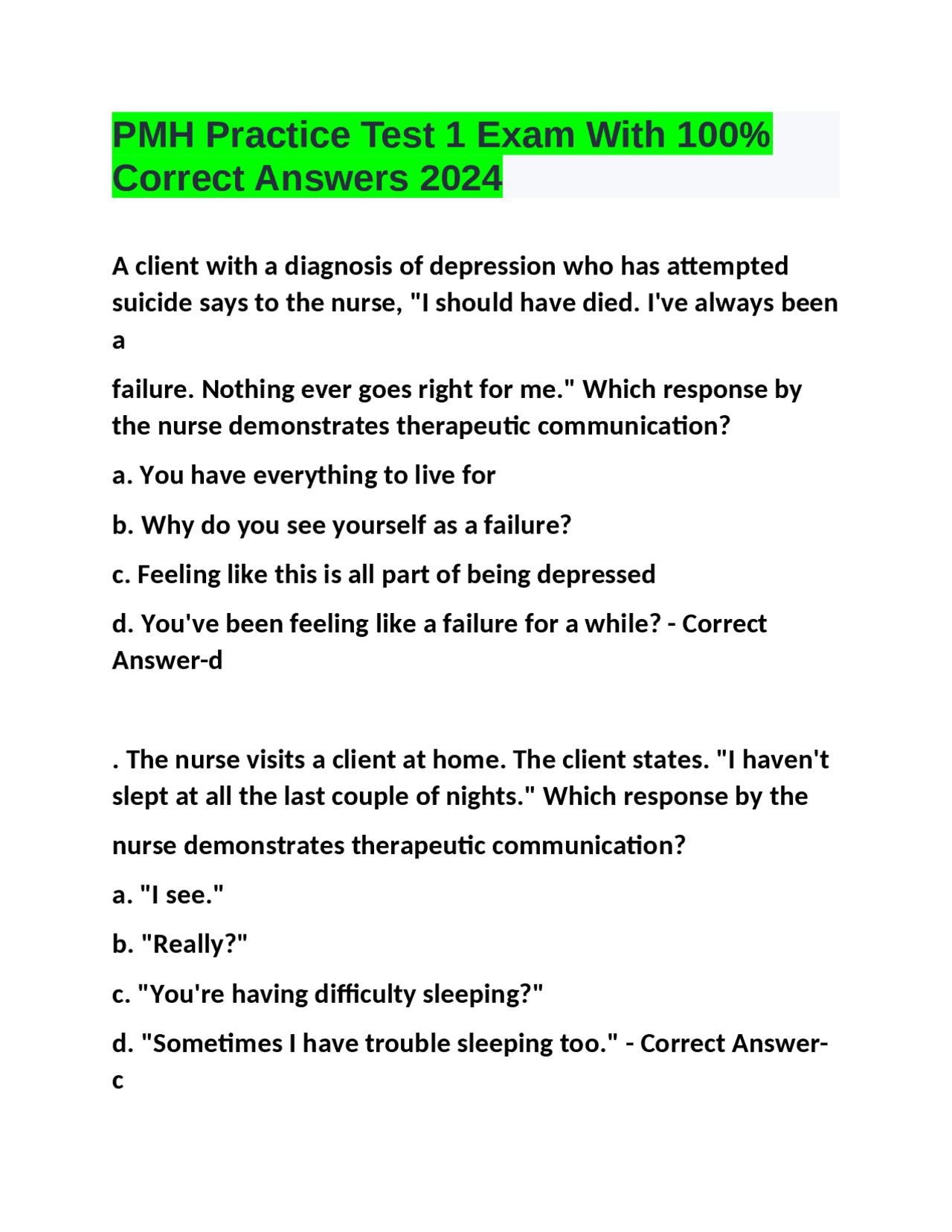 PMH Practice Test 1 Exam With 100% Correct Answers 2024 | Exams ...